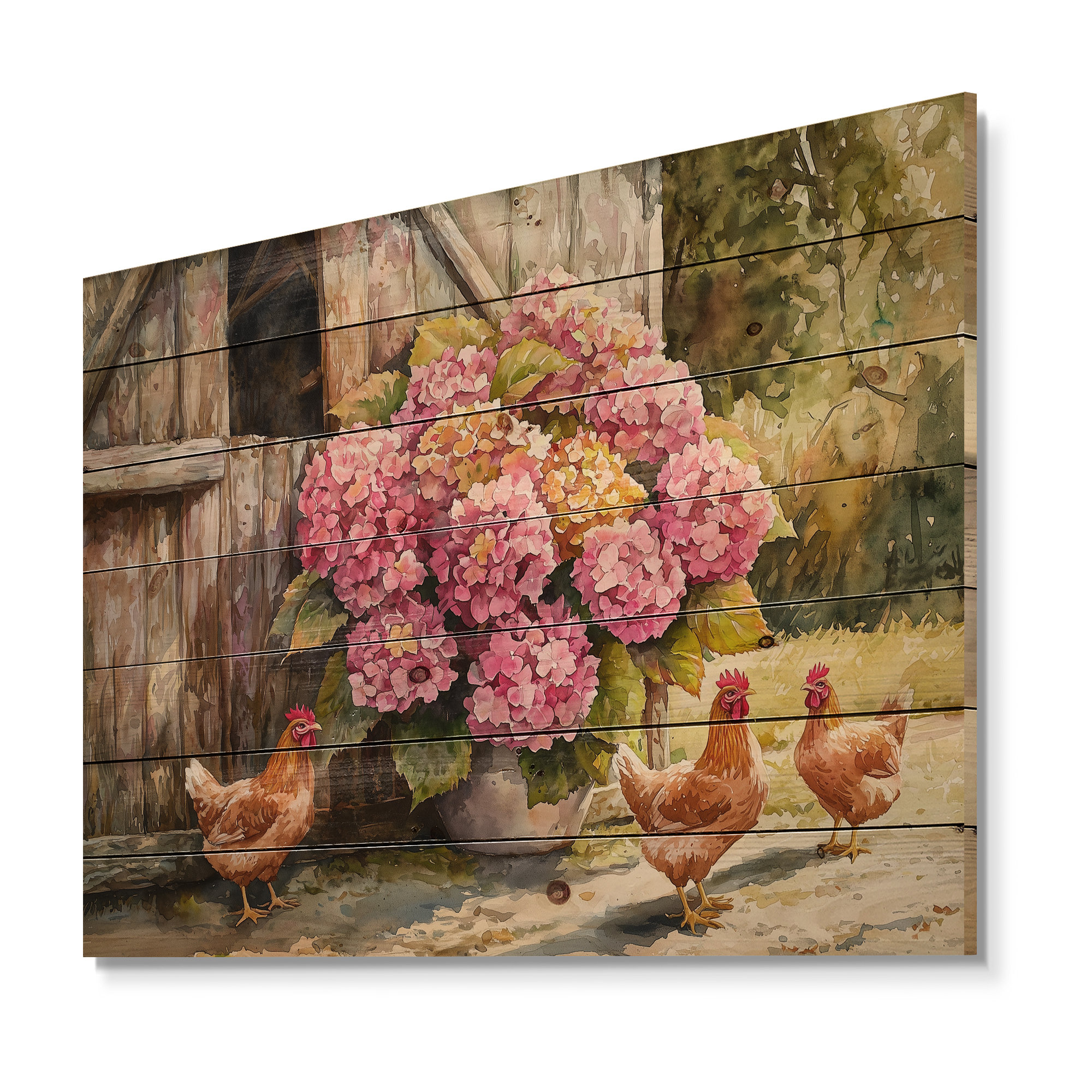 August Grove® Hydrangeas By The Chicken Coop II - Hydrangea Wood Print - On Natural Pine Wood ...