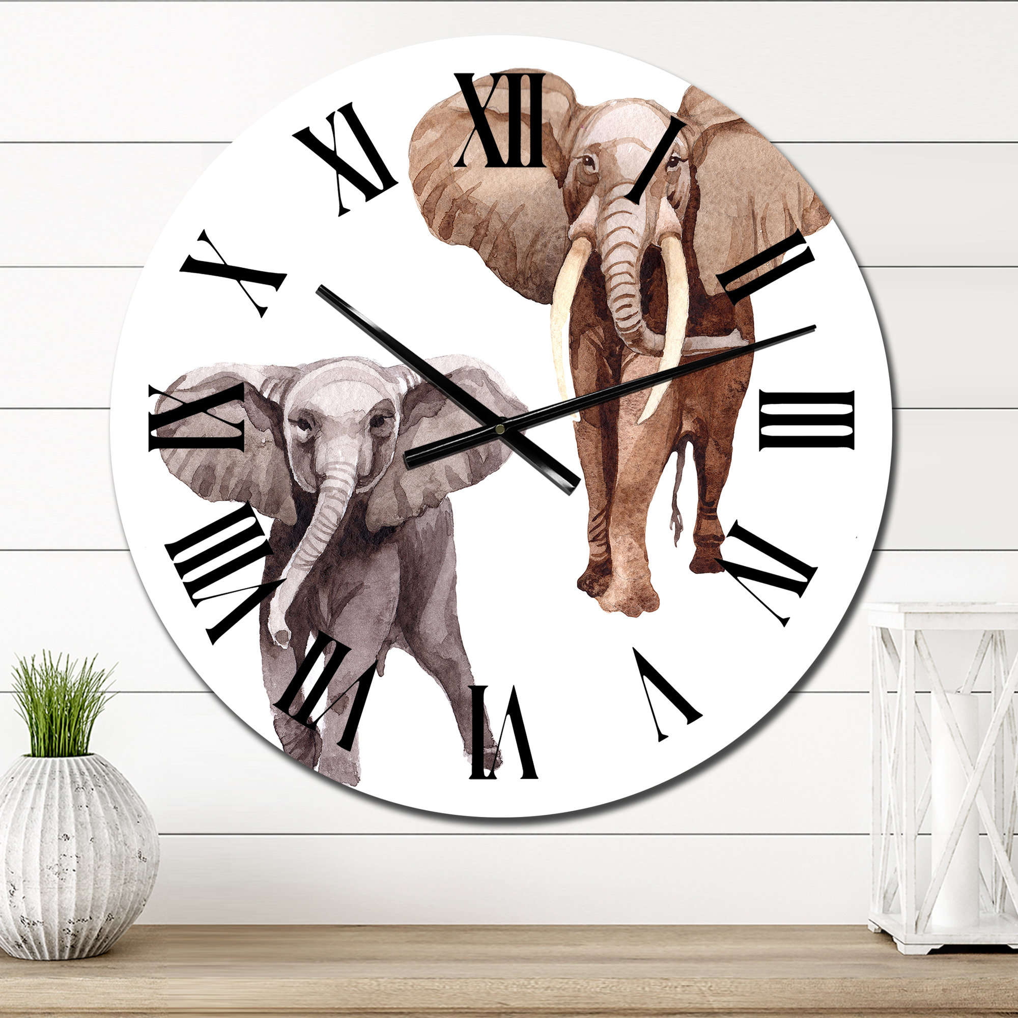 East Urban Home Exotic Elephants on White - Traditional Wall Clock ...
