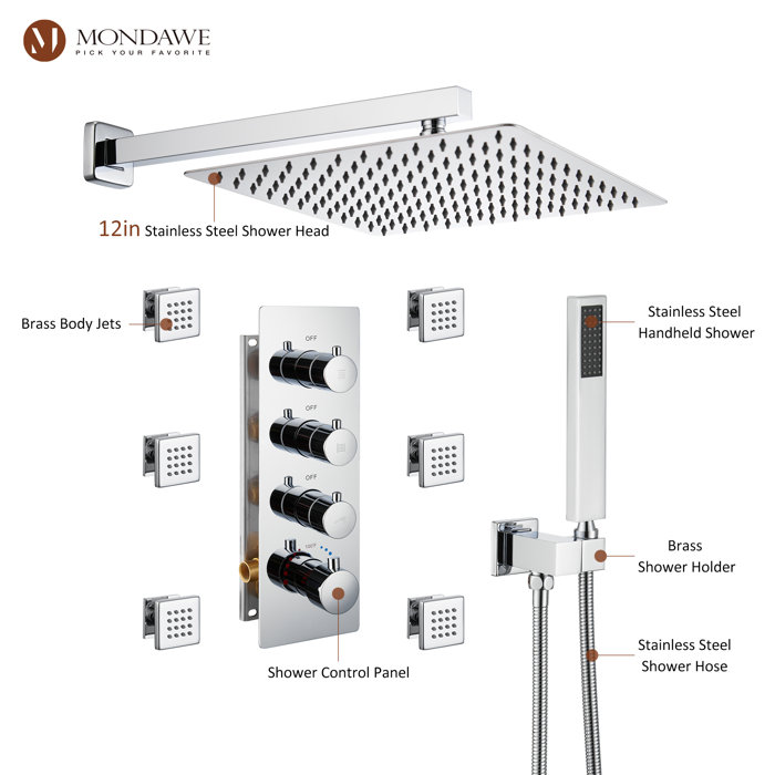 mondawe Herathena 3 Functions Wall Mounted Luxury Shower System with 6 ...