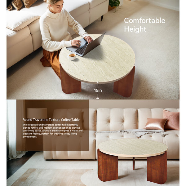 Ivy Bronx Elegant Round Travertine Texture Coffee Table – 30” Stone ...