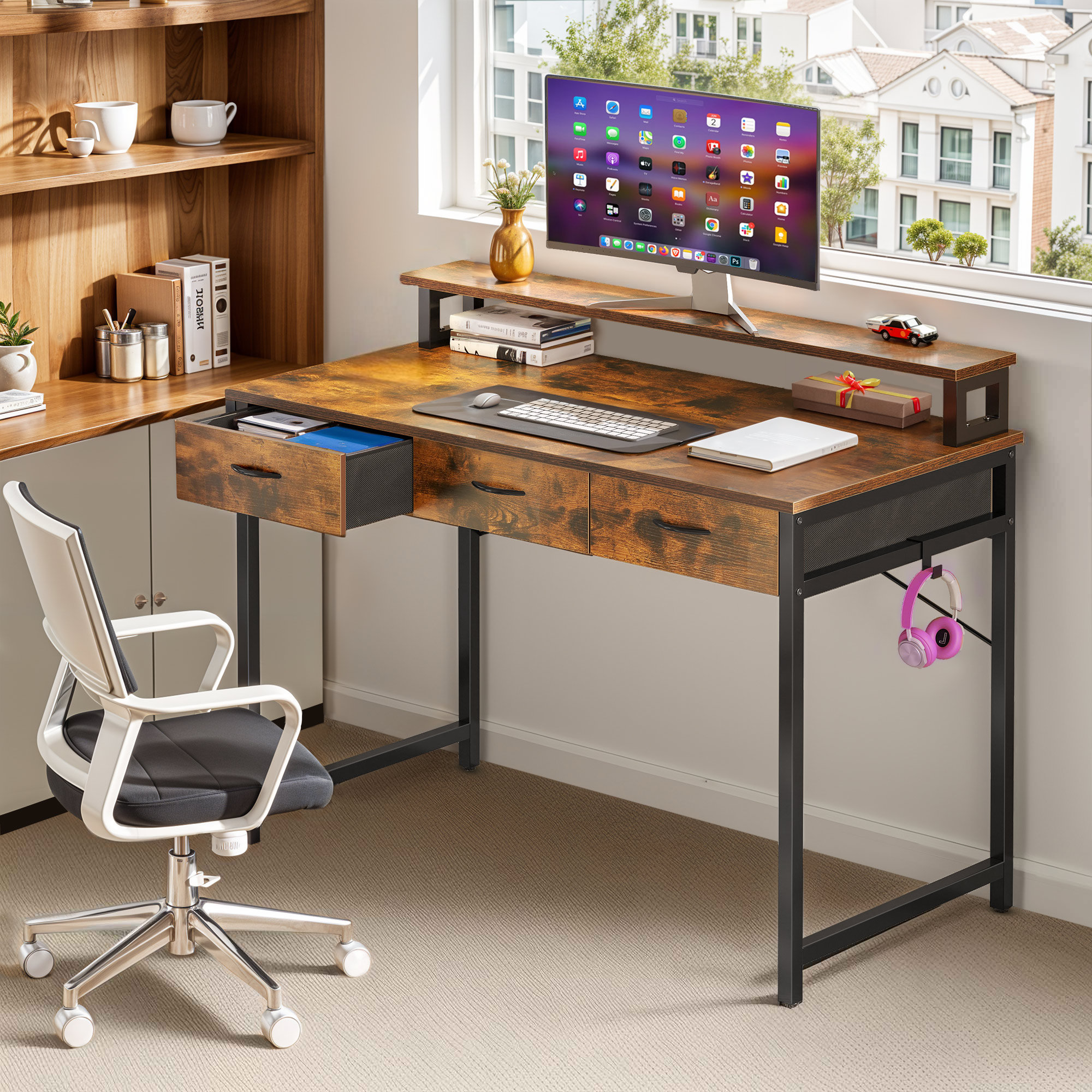 Ebern Designs 3-Drawers Computer Desk with Elevated Monitor Platform ...