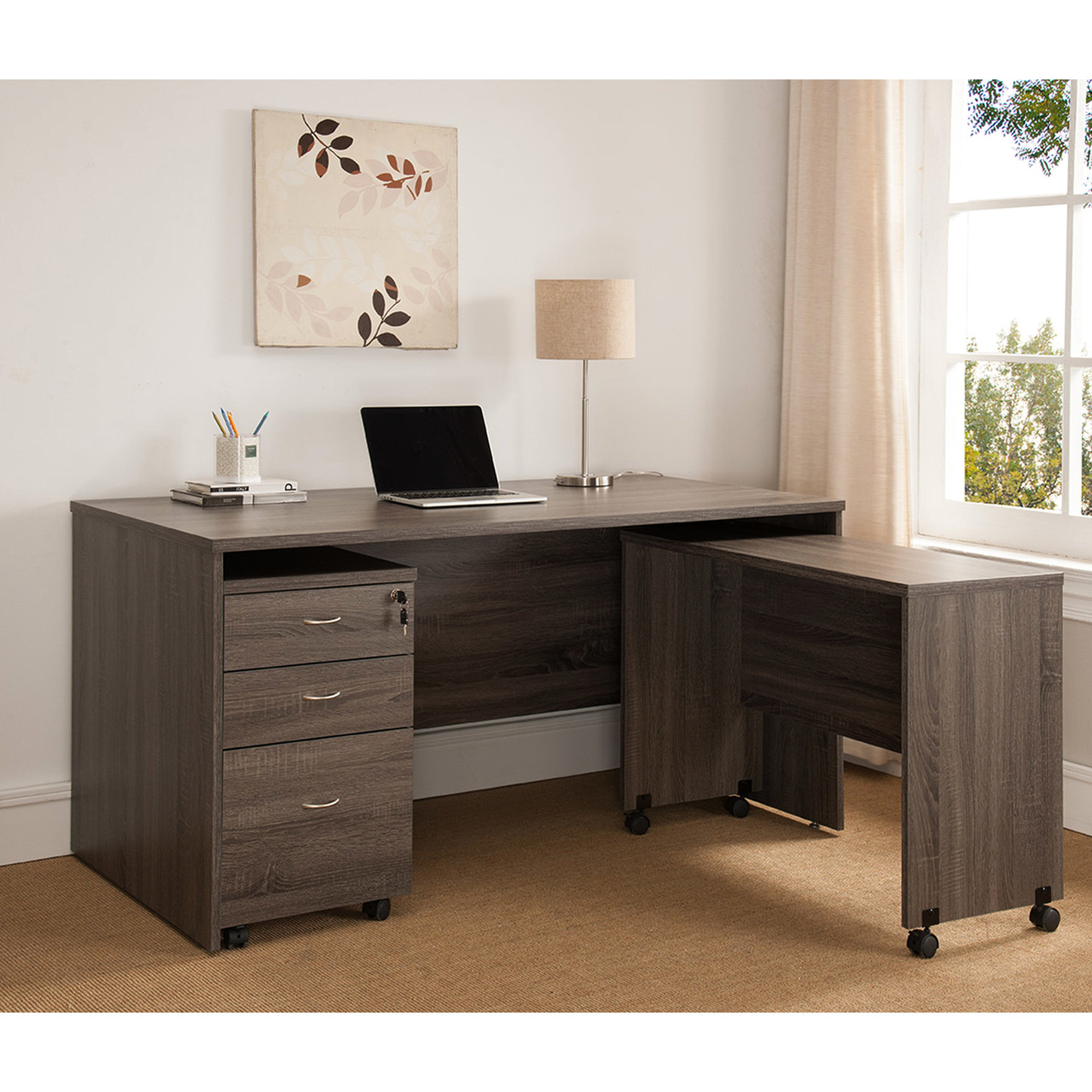 Ebern Designs Wooden Home Office Desk In Distressed Grey, Equipped With ...