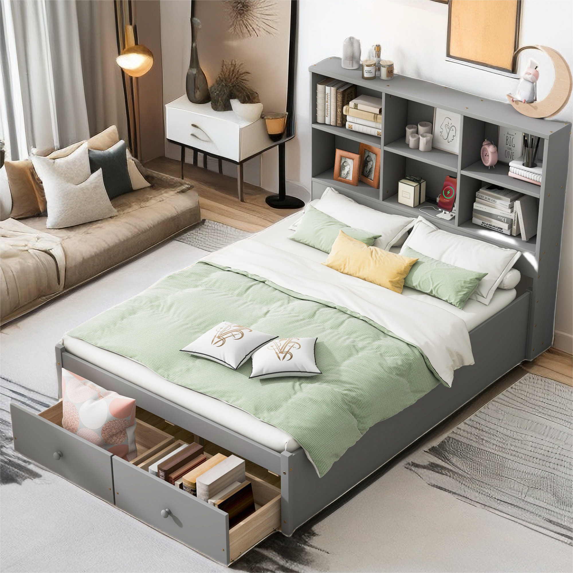 Latitude Run® Full Size Wood Platform Bed With Bookcase Headboard, Usb ...