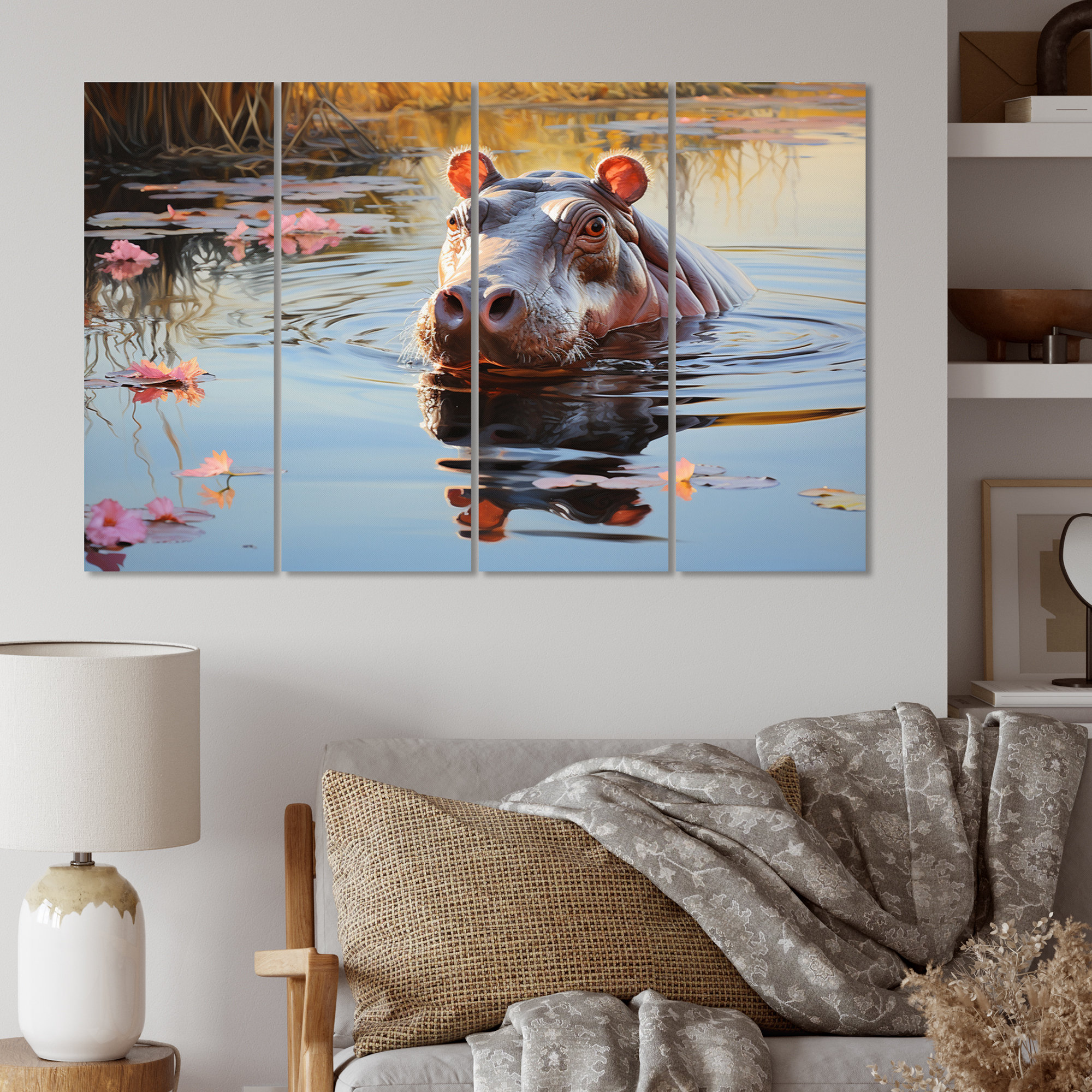 DesignArt Hippopotamus Mighty Hippo Pastoral On Canvas 4 Pieces Print ...