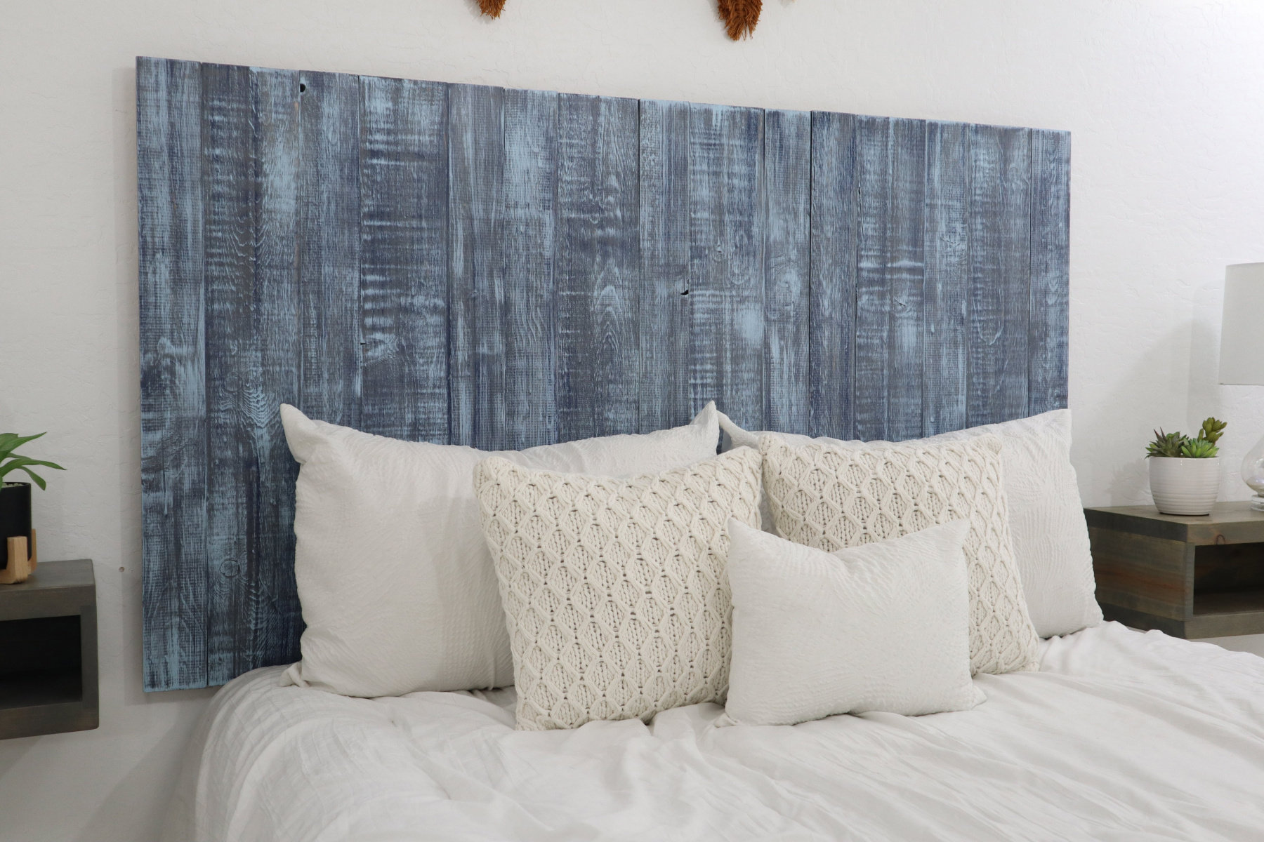 Gracie Oaks Nai Floating Headboard Solid Wood Wall Mount Blue Stonewash ...