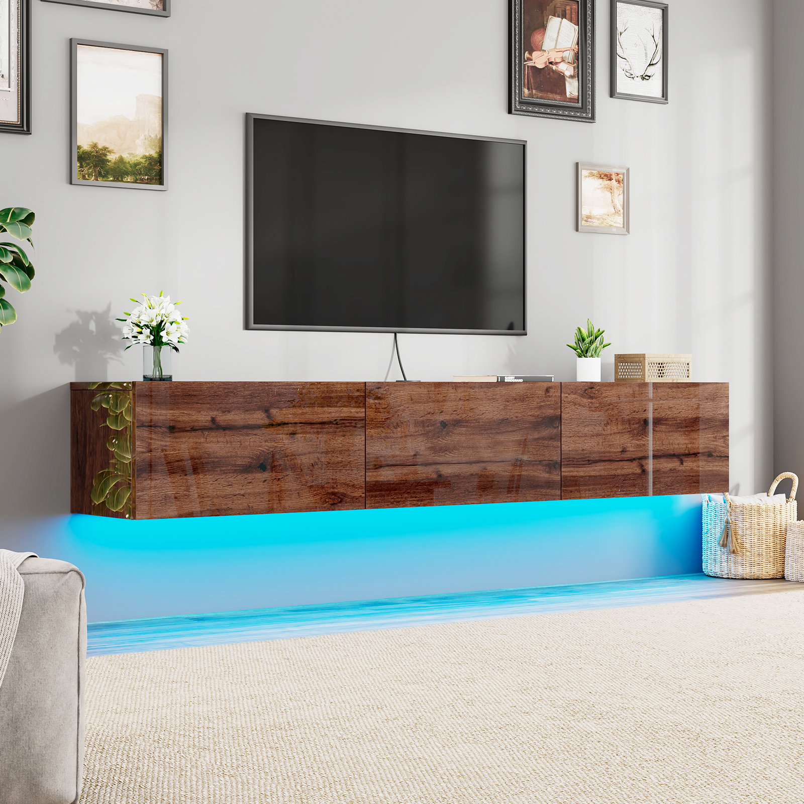 Wrought Studio™ Woodgrain High Gloss Floating Tv Stand, 70" Wall ...