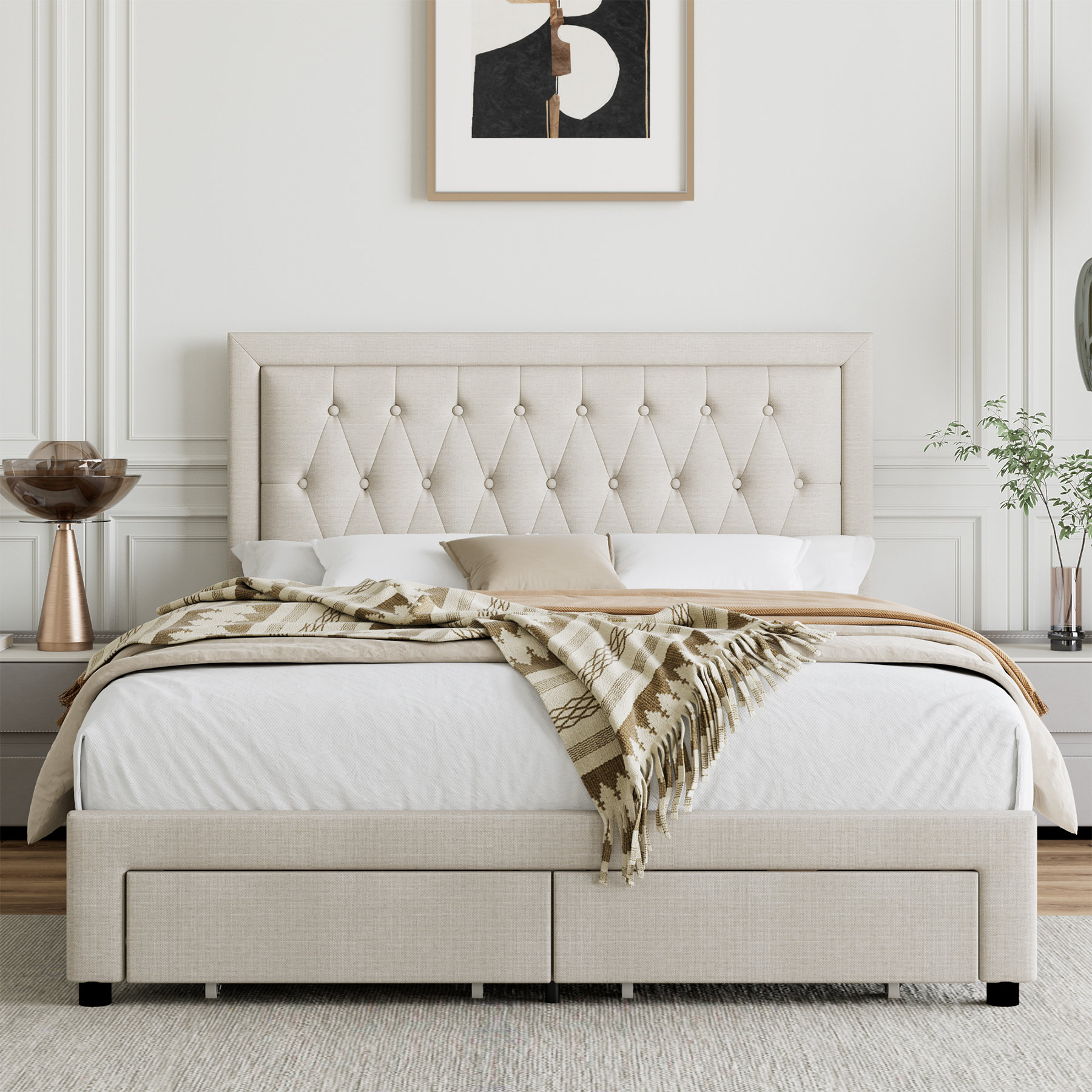 Latitude Run® Emanuell Linen Upholstered Platform Bed with 2 Drawers ...