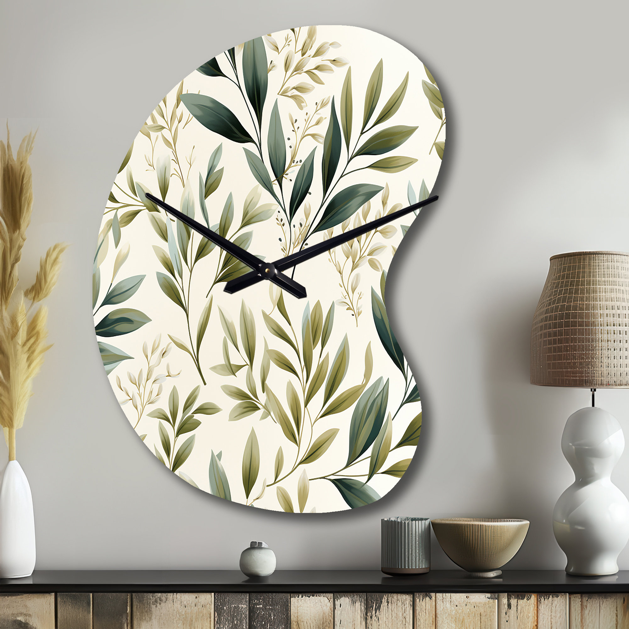 Design Art Tranquil Leaves - Plants Irregular Shape Metal Wall Clock ...
