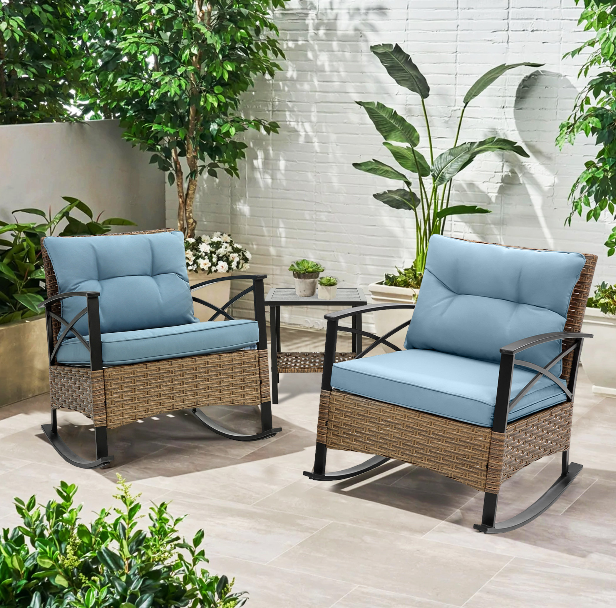 Gracie Oaks 2- Person Outdoor Rocking Chairs Set With Coffee Table, 3 ...