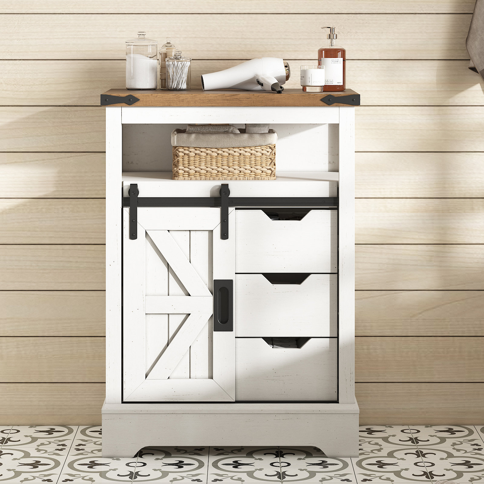 Gracie Oaks 24" Farmhouse Storage Cabinet, 3 Drawers & Adjustable Shelf ...