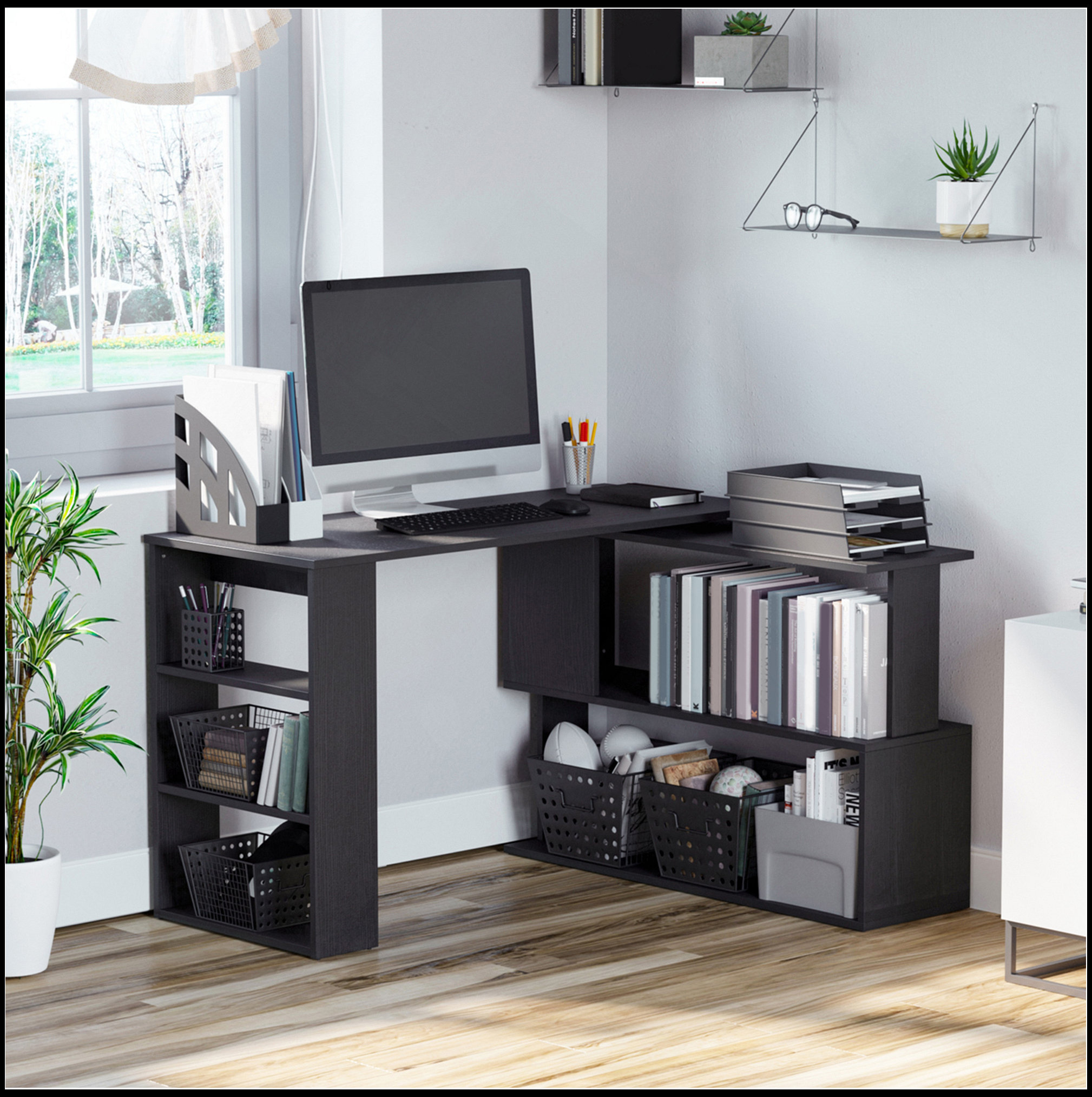 George Oliver L Shaped Corner Desk, 360 Degree Rotating Home Office ...