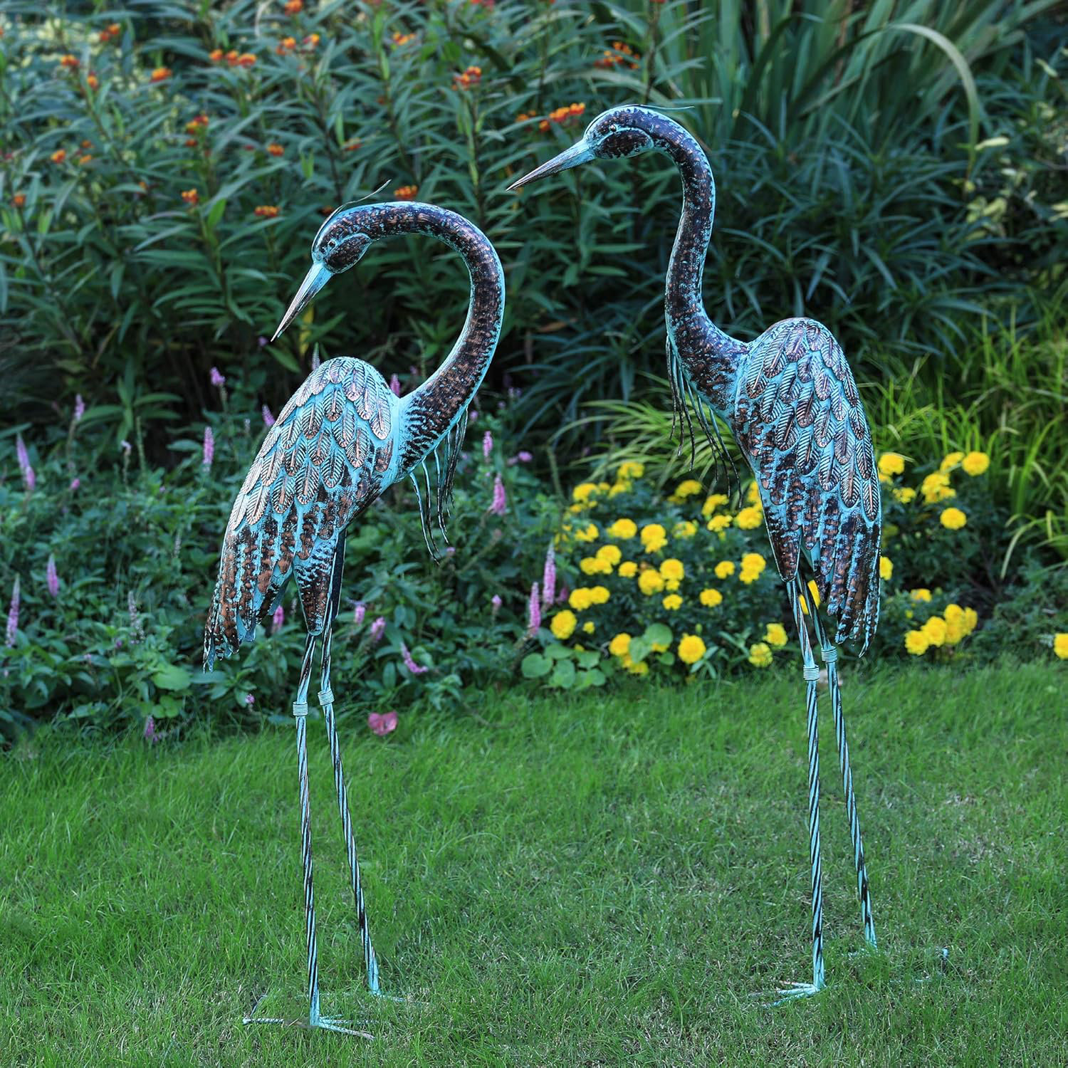 Rosecliff Heights Garden Crane Statues, Standing Metal Patina Heron ...