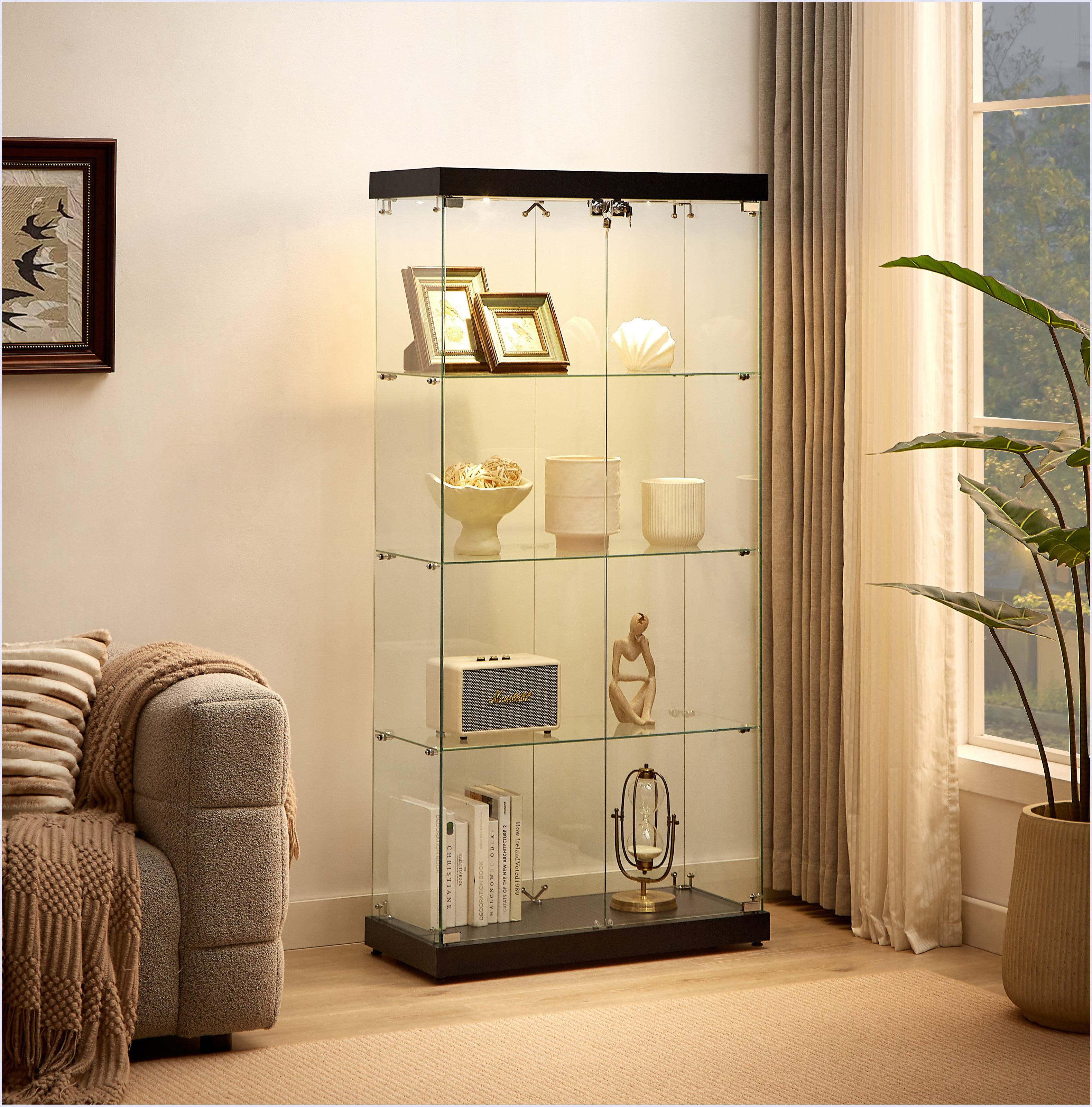 Ivy Bronx 4-Tier Glass Display Cabinet, Double Door Glass Cabinet, Four ...
