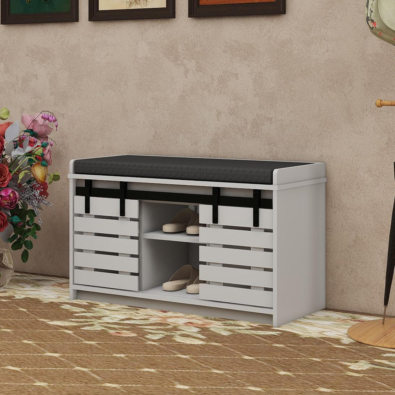 Rebrilliant Modern White Shoe Storage Bench, 2 Tier Entryway Bench With ...