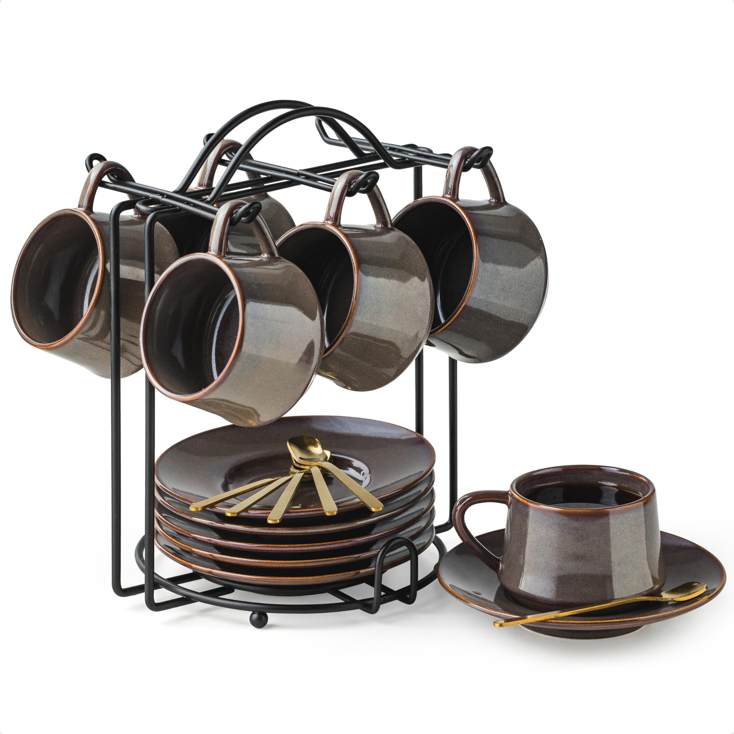 COAHAHA Reactive Brown Espresso Set - 6 Ceramic Cups With Stand ...