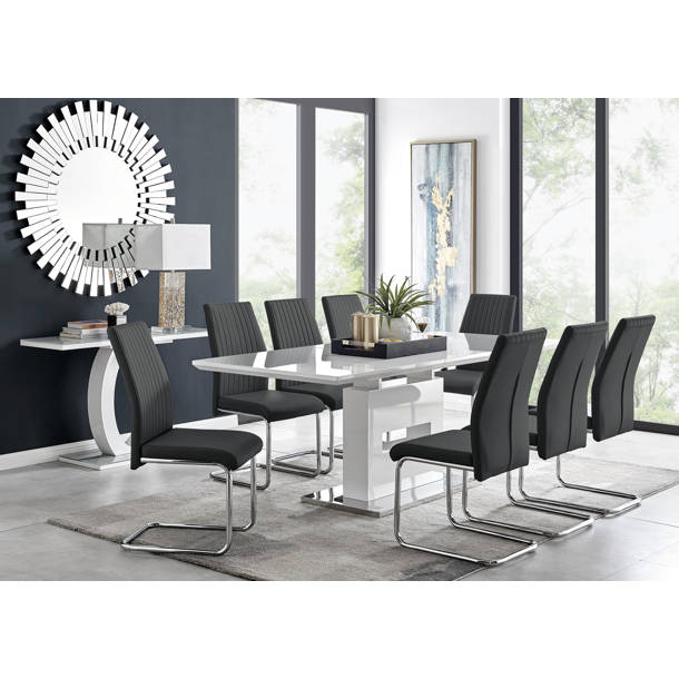 East Urban Home Edzard Chrome & White High Gloss Dining Table Set with ...