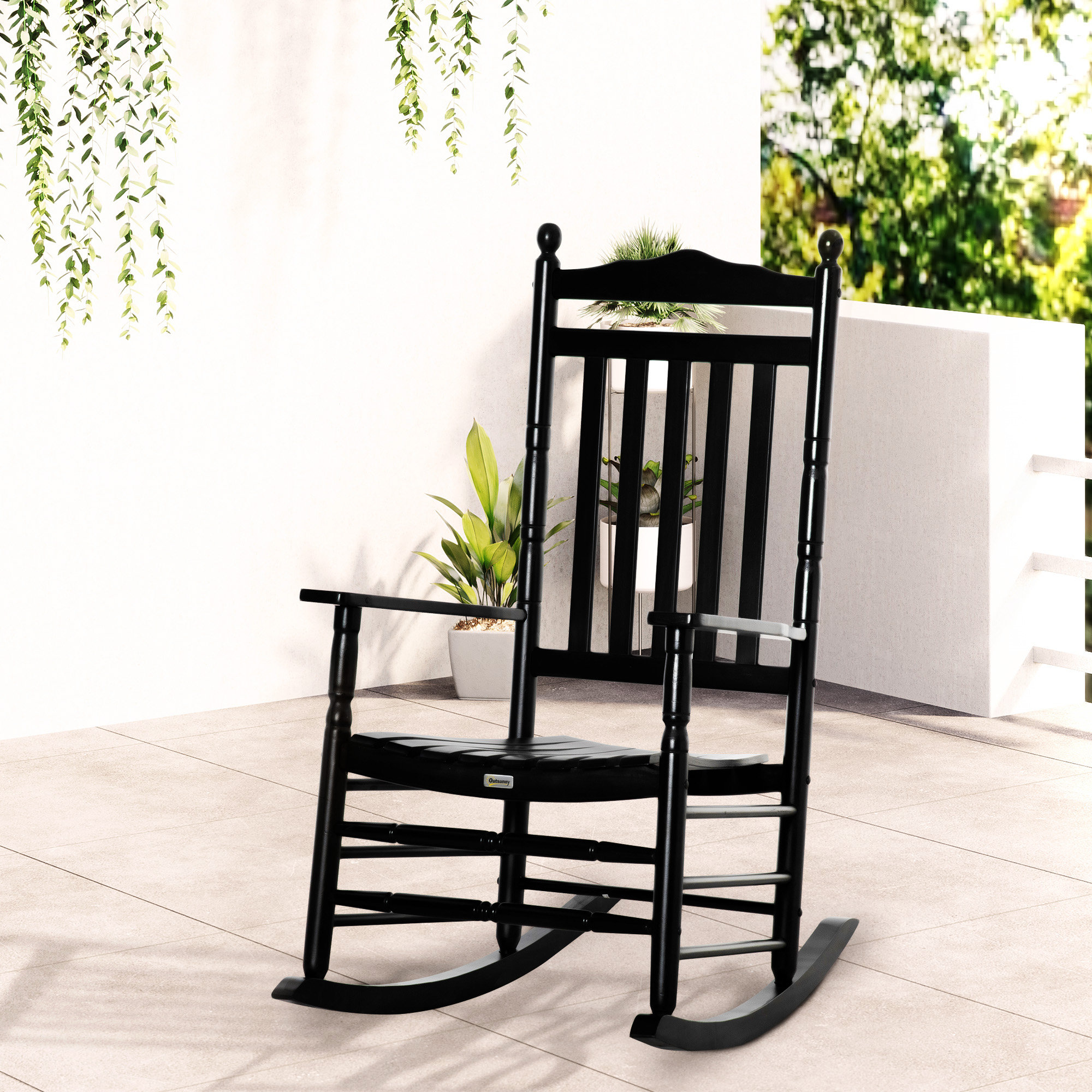 August Grove® Outsunny Traditional Wooden High-Back Rocking Chair For ...