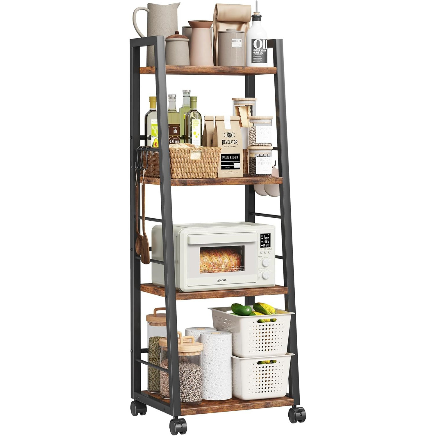 DONIVE 4 Tier Kitchen Storage Cart with Lockable Wheels & 6 Hooks ...