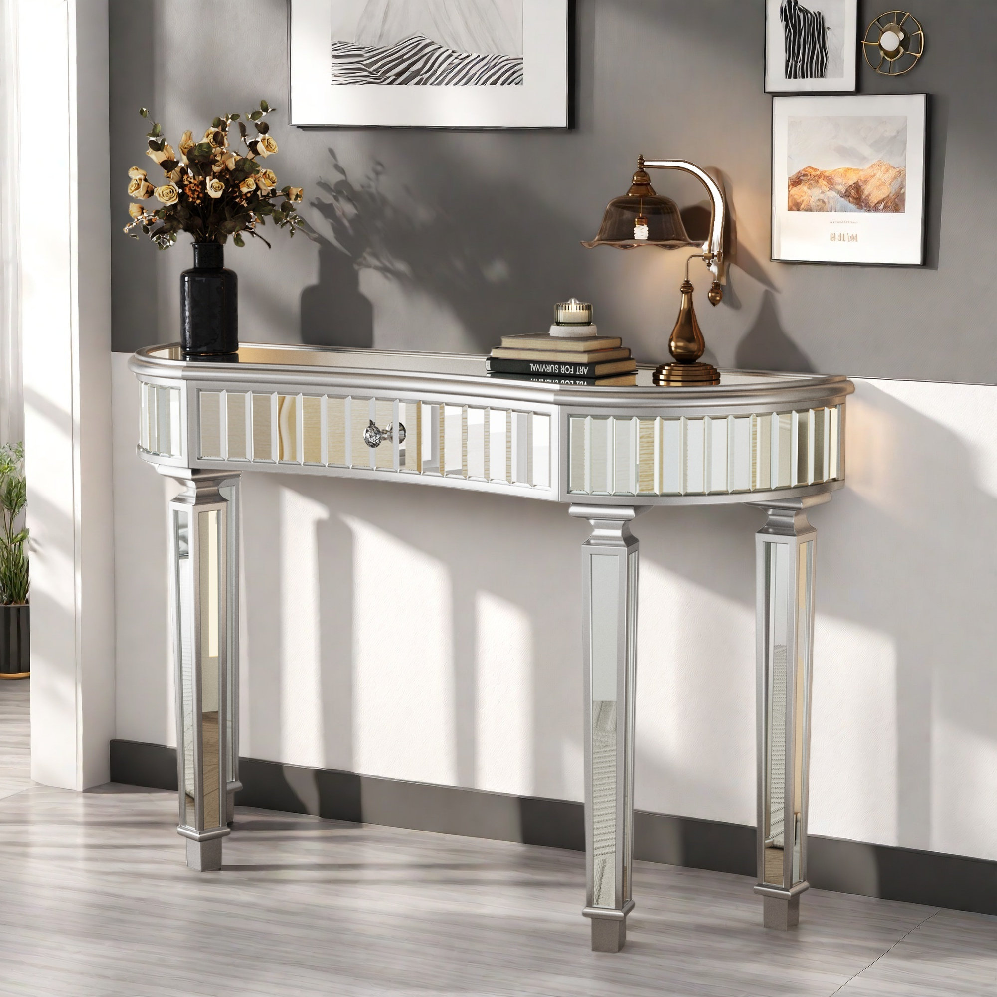 Everly Quinn Half-moon Mirrored Console Table With Fluted Glass And ...