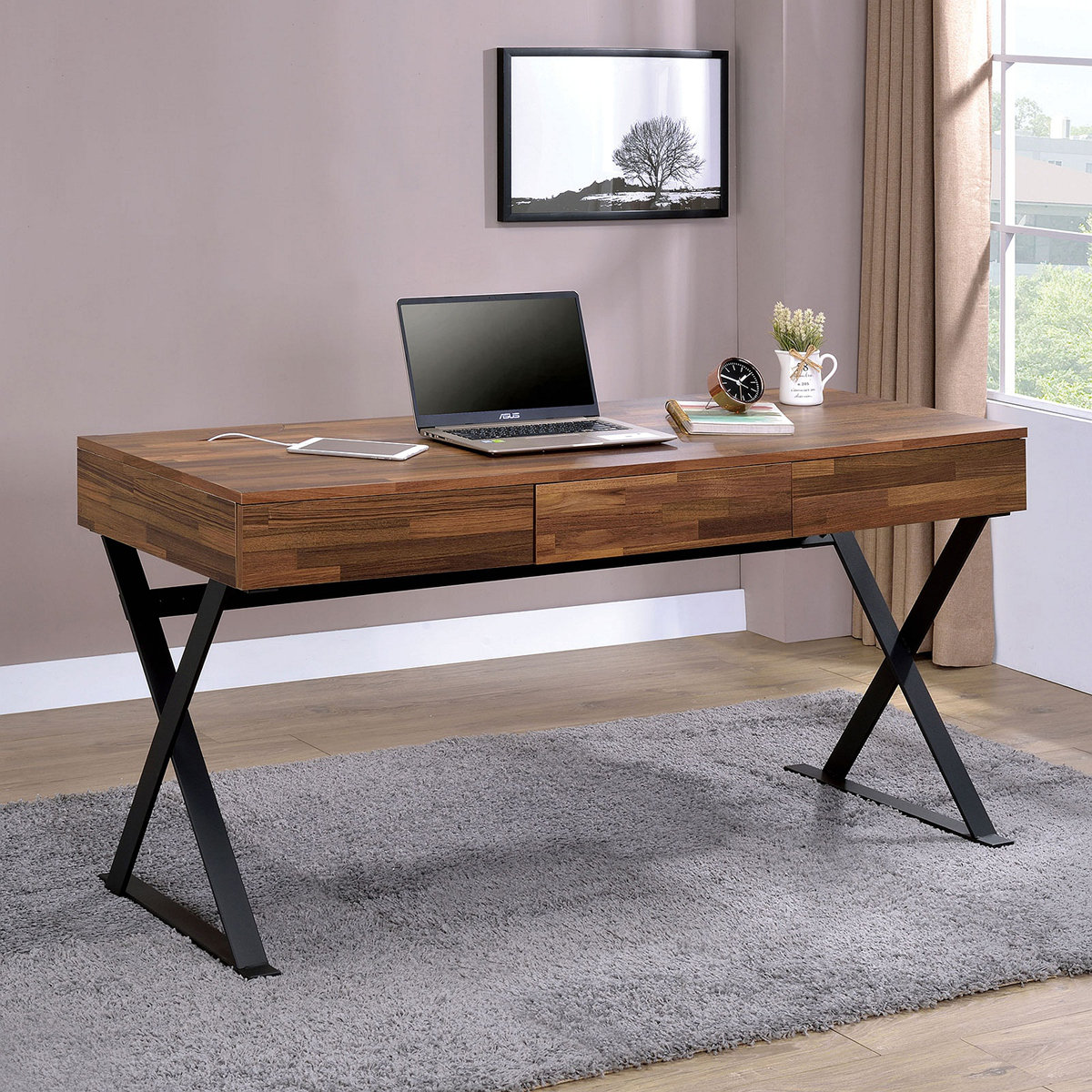 Latitude Run® Industrial Computer Desk With Three Storage Drawers USB ...