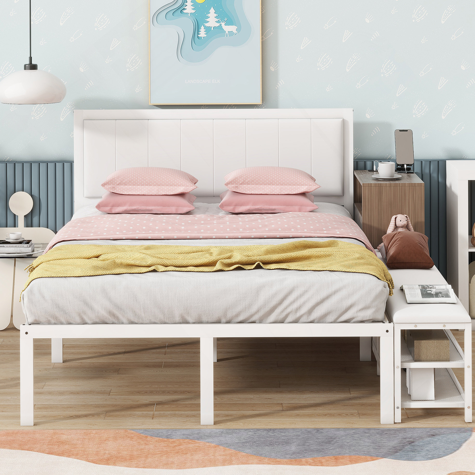 17 Stories Full Function Metal Platform Bed with Two - Tier Storage ...