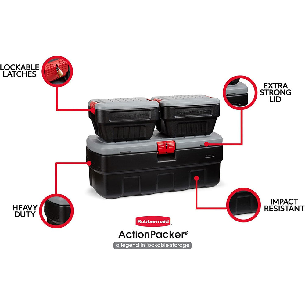 Rubbermaid Actionpacker Storage Bins, 48 & 8 Gallon, 3 Pack, Lockable ...