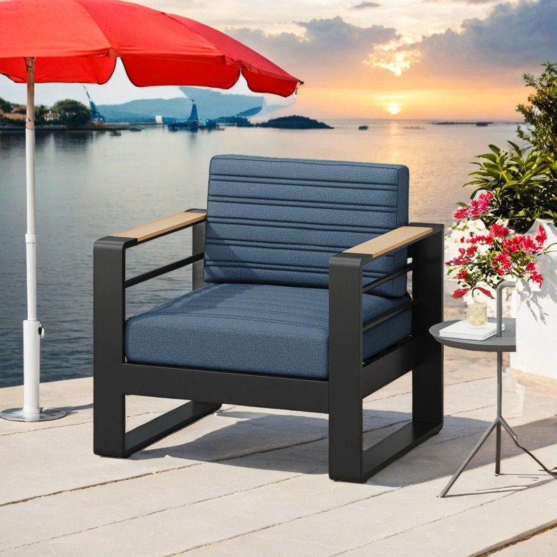 Ebern Designs Outdoor Aluminum Club Chair with Slat Back and Water ...