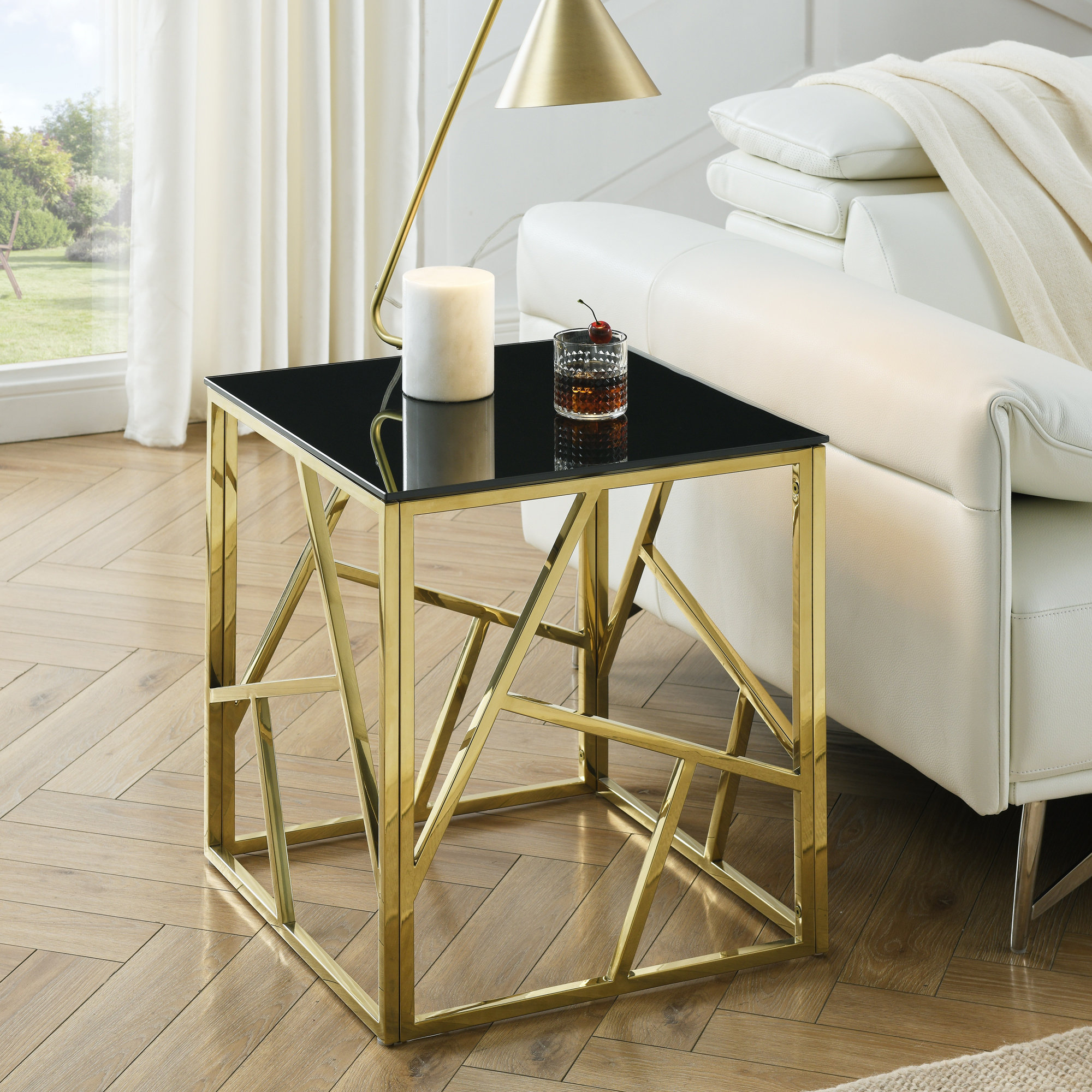 Orren Ellis 20 Inch Modern Glass End Table with Geometric Metal Frame ...