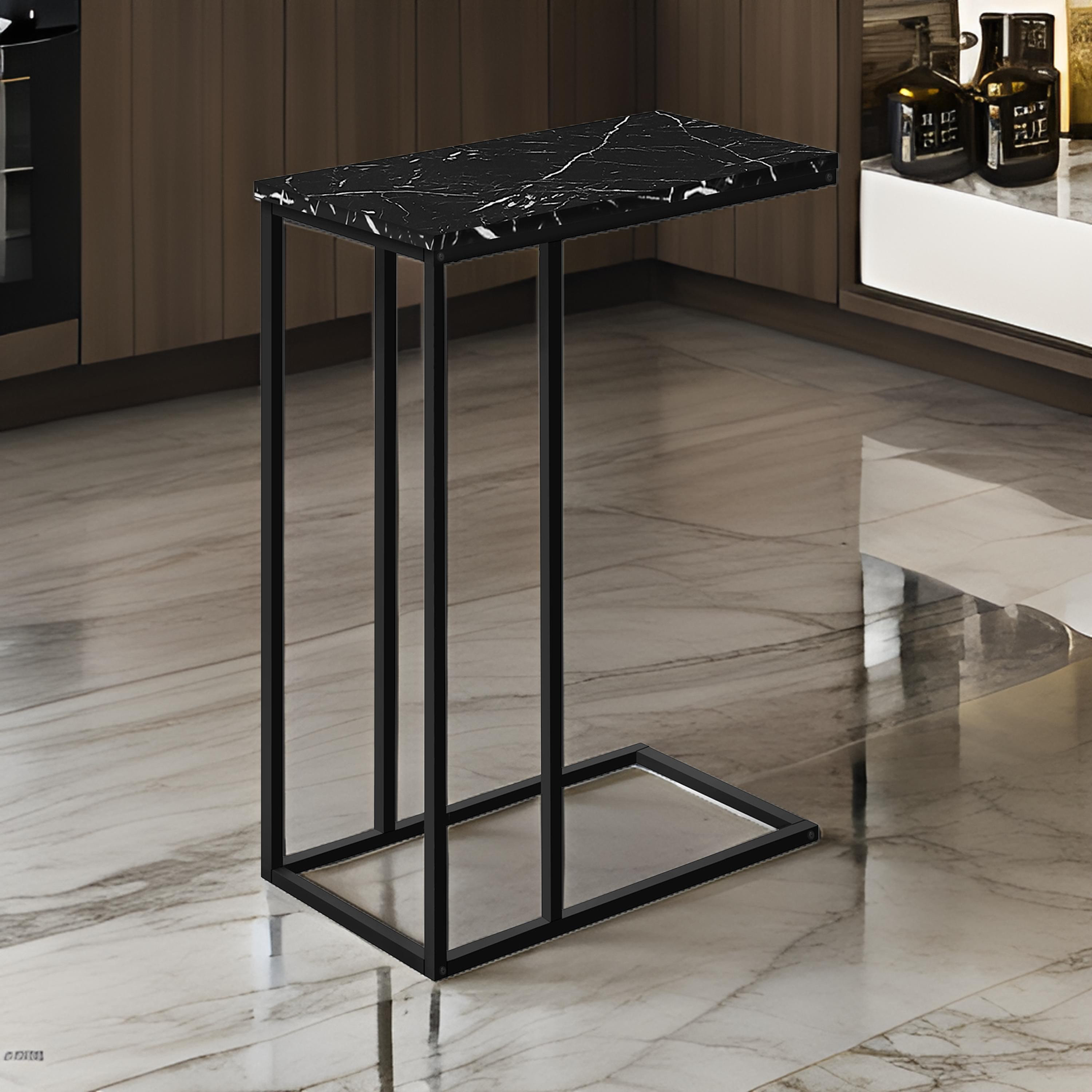 Benjara Gin Side End Table, C-Shape Narrow 10X16 Inch Faux Black Marble ...