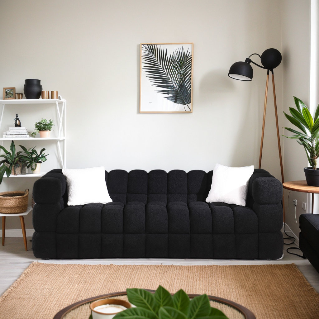 Latitude Run® 84.3'' Modern Square Shape Black Tufted Sofa,Marshmallow ...