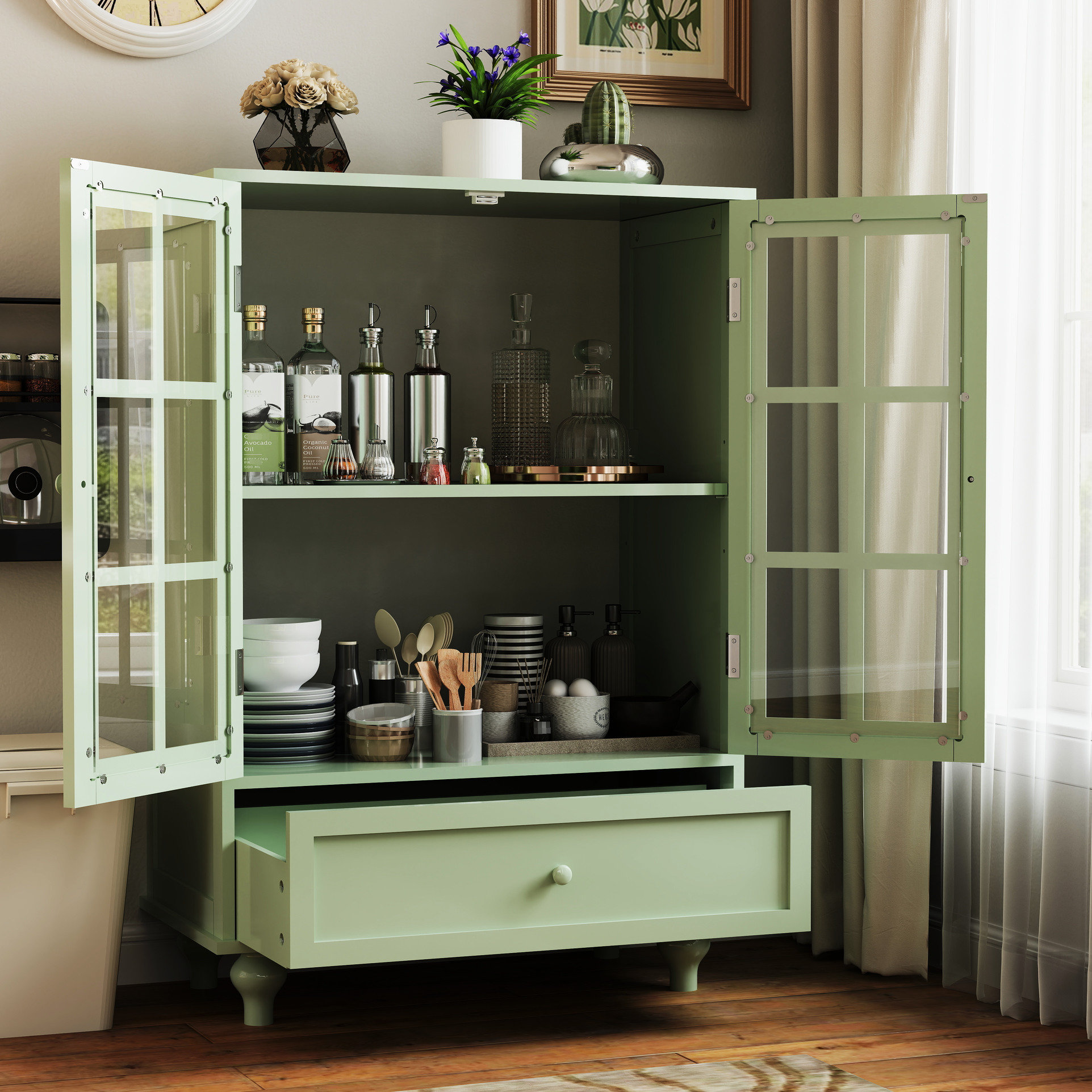 Latitude Run® Living Room Sideboard With Double Glass Doors And Drawer ...