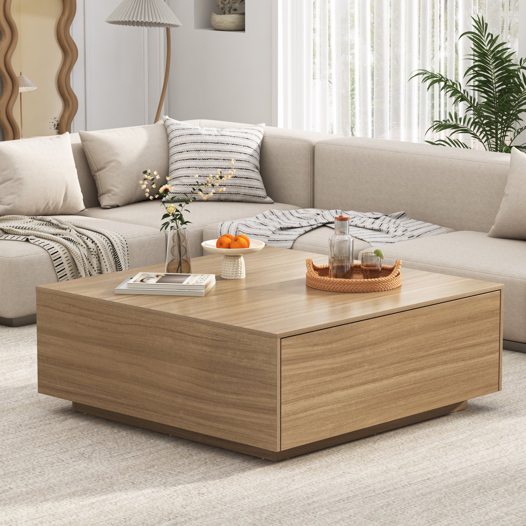 Ebern Designs 43" Modern Square Coffee Table With 2 Drawers, Large ...