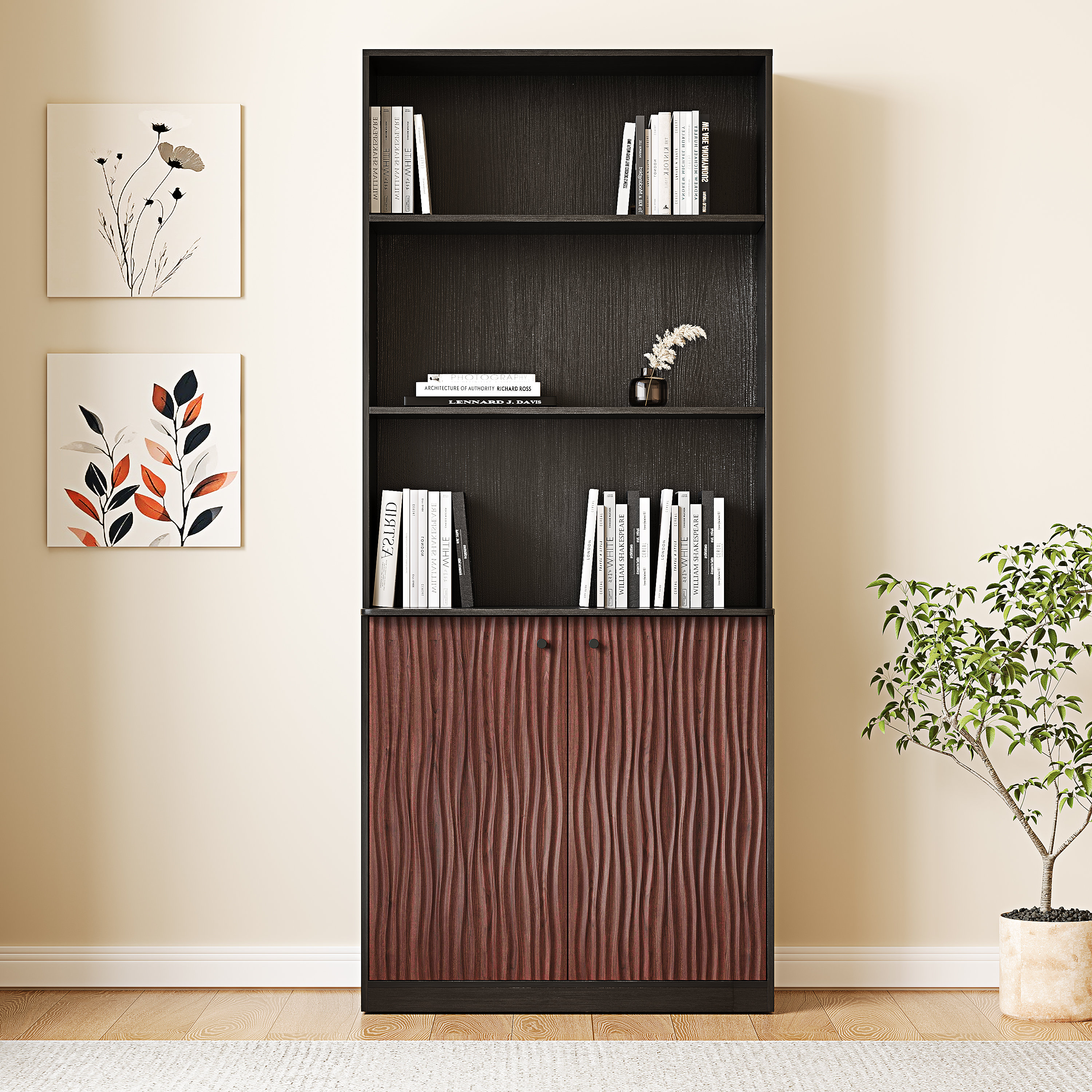 Red Barrel Studio® Rielyn 71'' Modern Wooden Tall Bookcase with 5-Tier Bookshelf Shelves and 2 ...