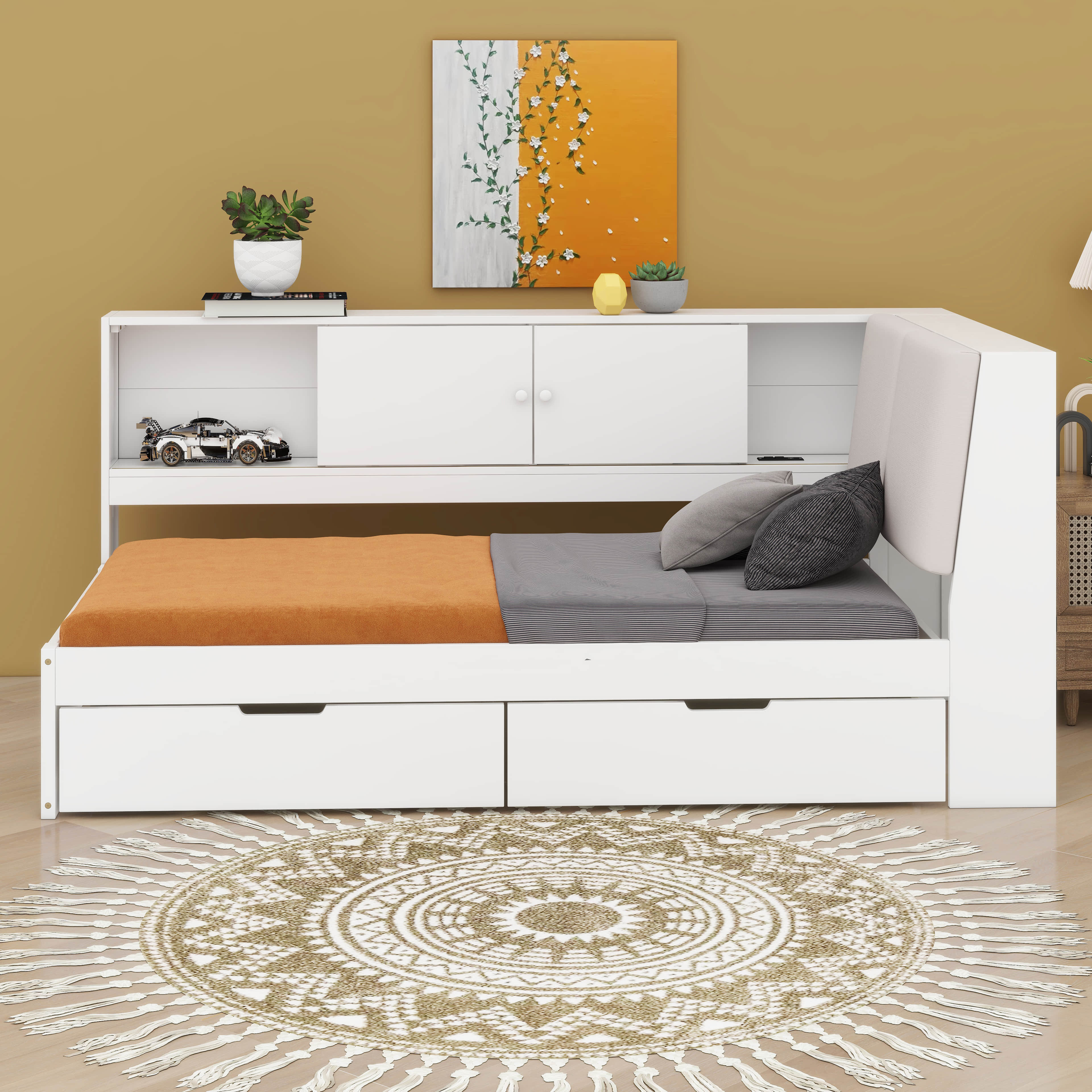 Red Barrel Studio® Full Size Corner Bed Frame With Storage Bookcase And ...