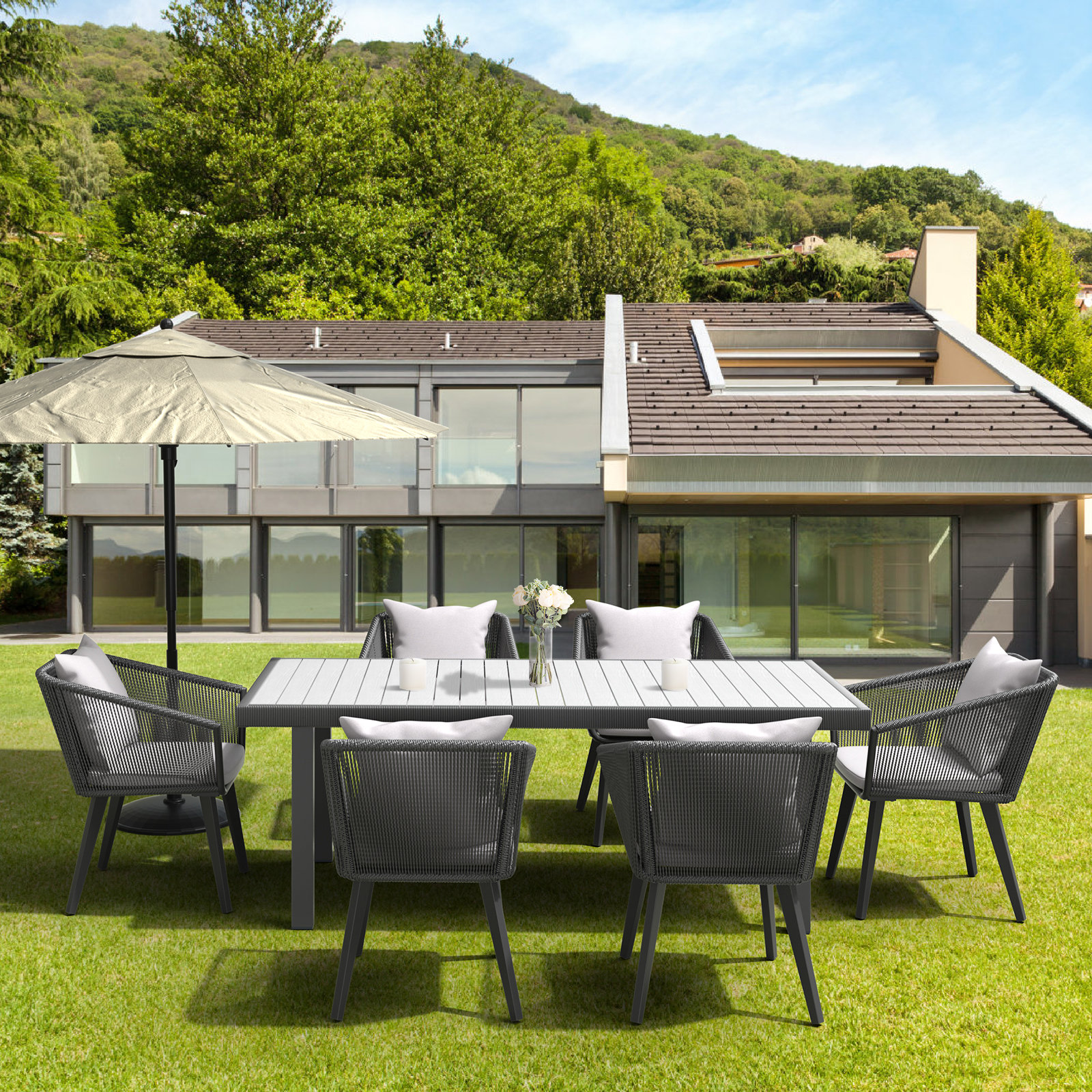 Corrigan Studio Outdoor Grey Rattan Dining Table Set For Six People ...