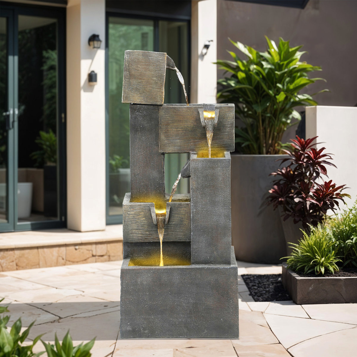 Wrought Studio™ 32.5"H 5-Tier Geometric Blocks Outdoor Water Fountain ...