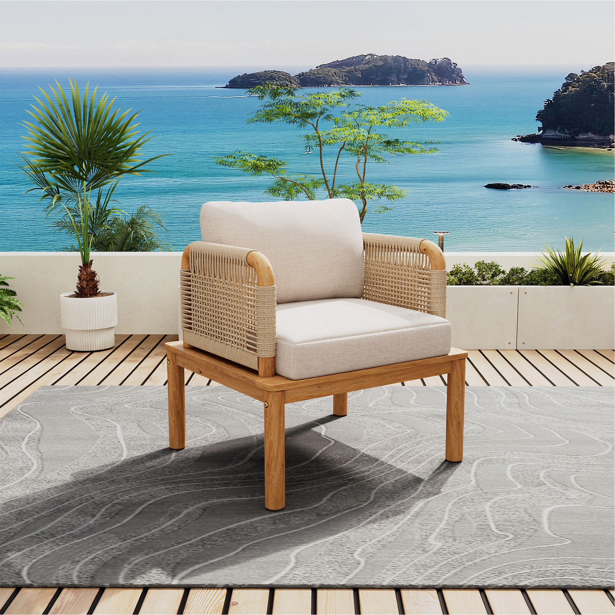 Corrigan Studio Outdoor Acacia Wood And Rope Club Chair With Cushions ...