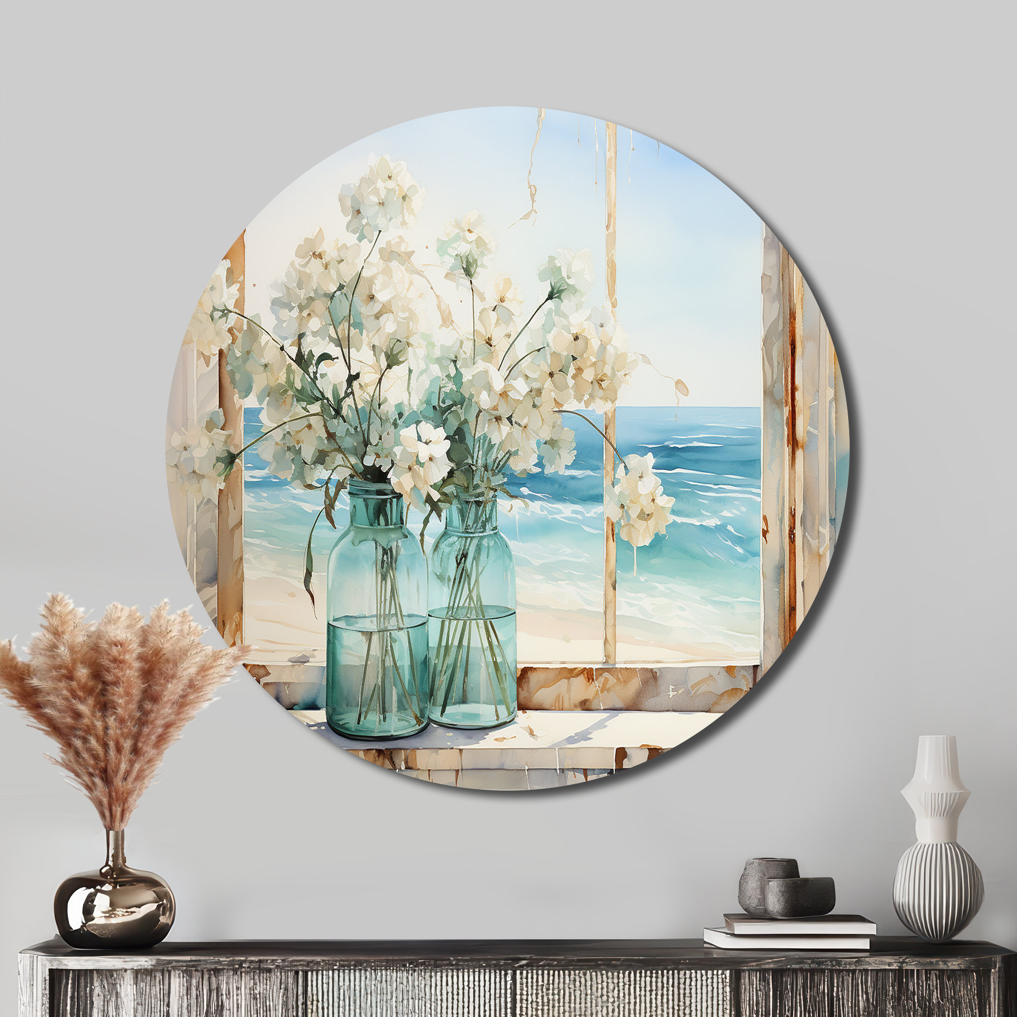 Beachcrest Home™ Blue Window Beachfront View Blooms I - Coastal Round ...