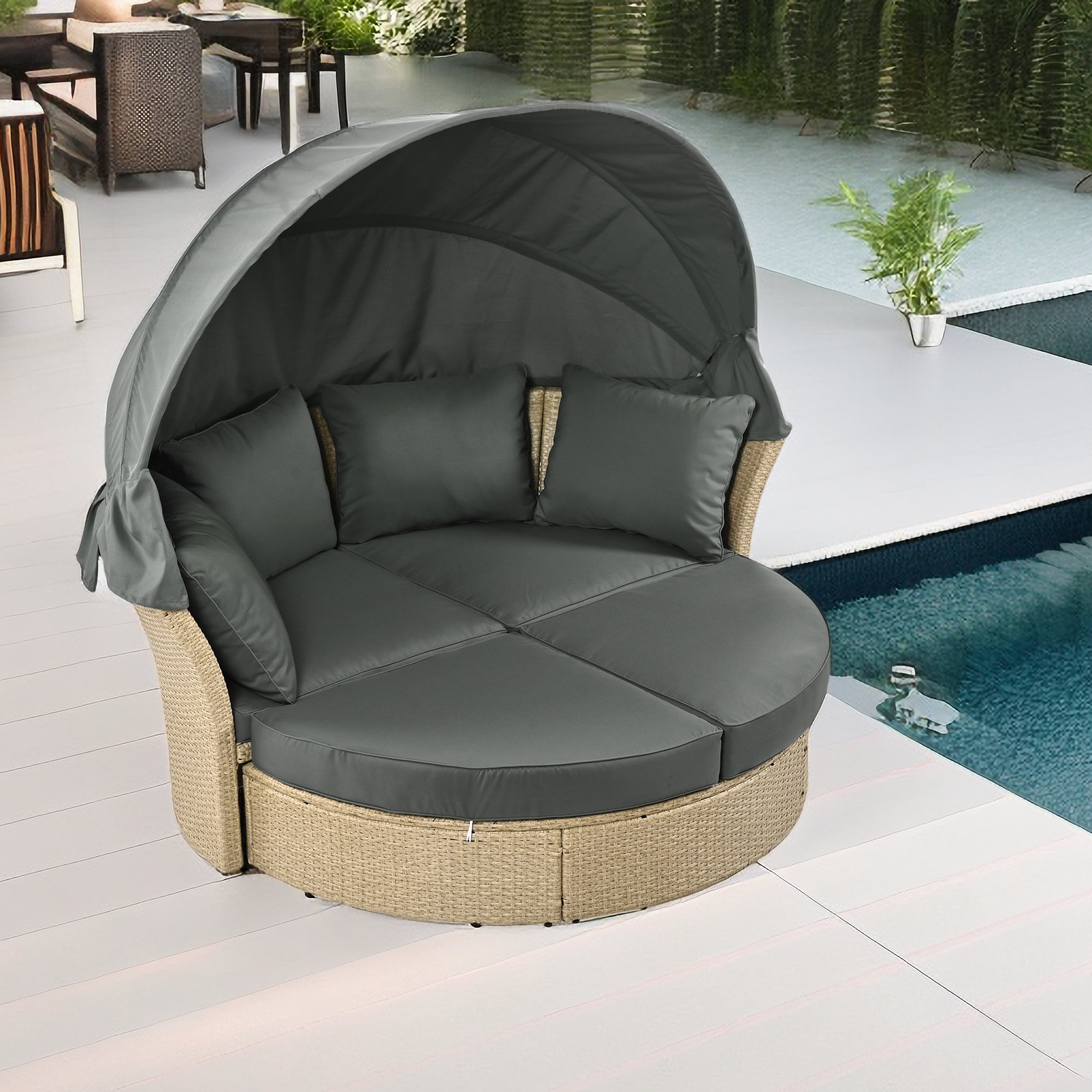 Red Barrel Studio® Outdoor Rattan Daybed with Retractable Canopy and 4 ...