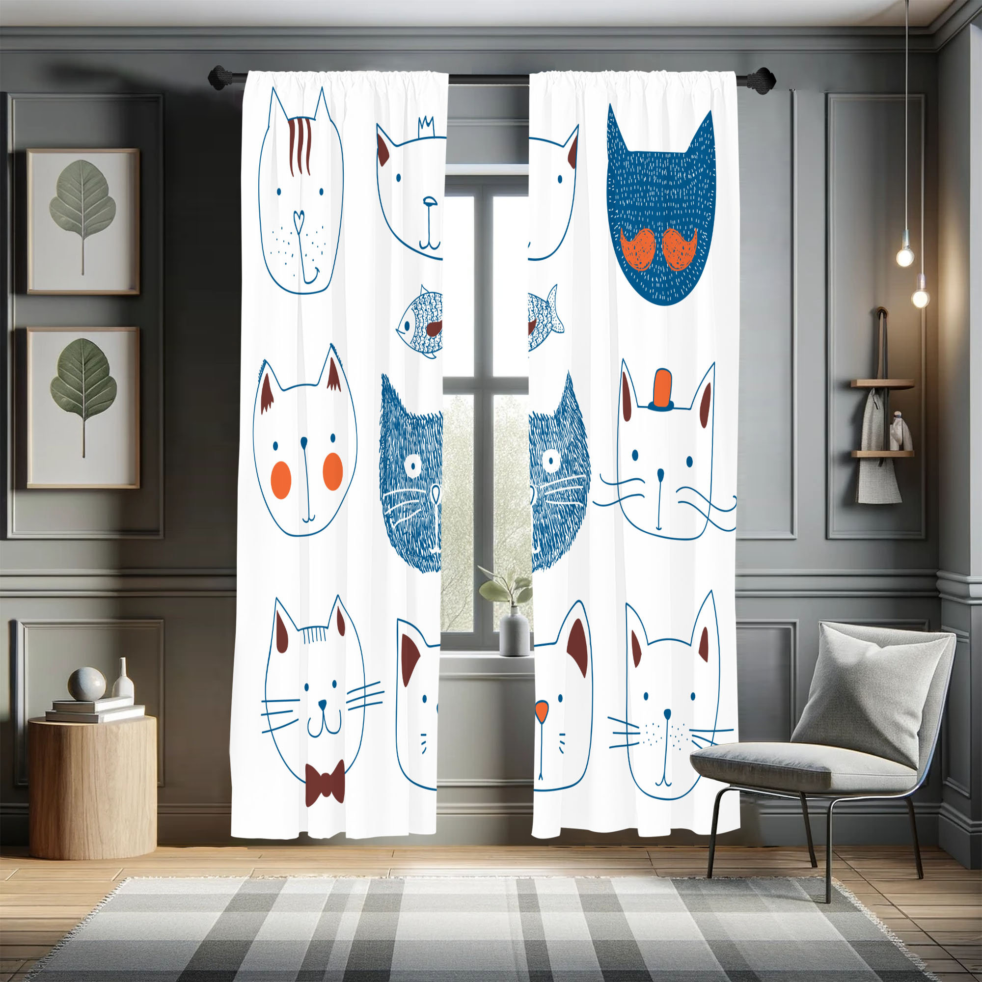 Ebern Designs Cat Curtains, Animals Humor Faces Pattern Art, Pair of 28 ...