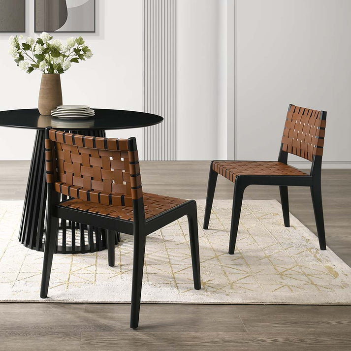 Xdeco Modern Dining Chairs, Brown Leather Strap Seat and Back, Black ...