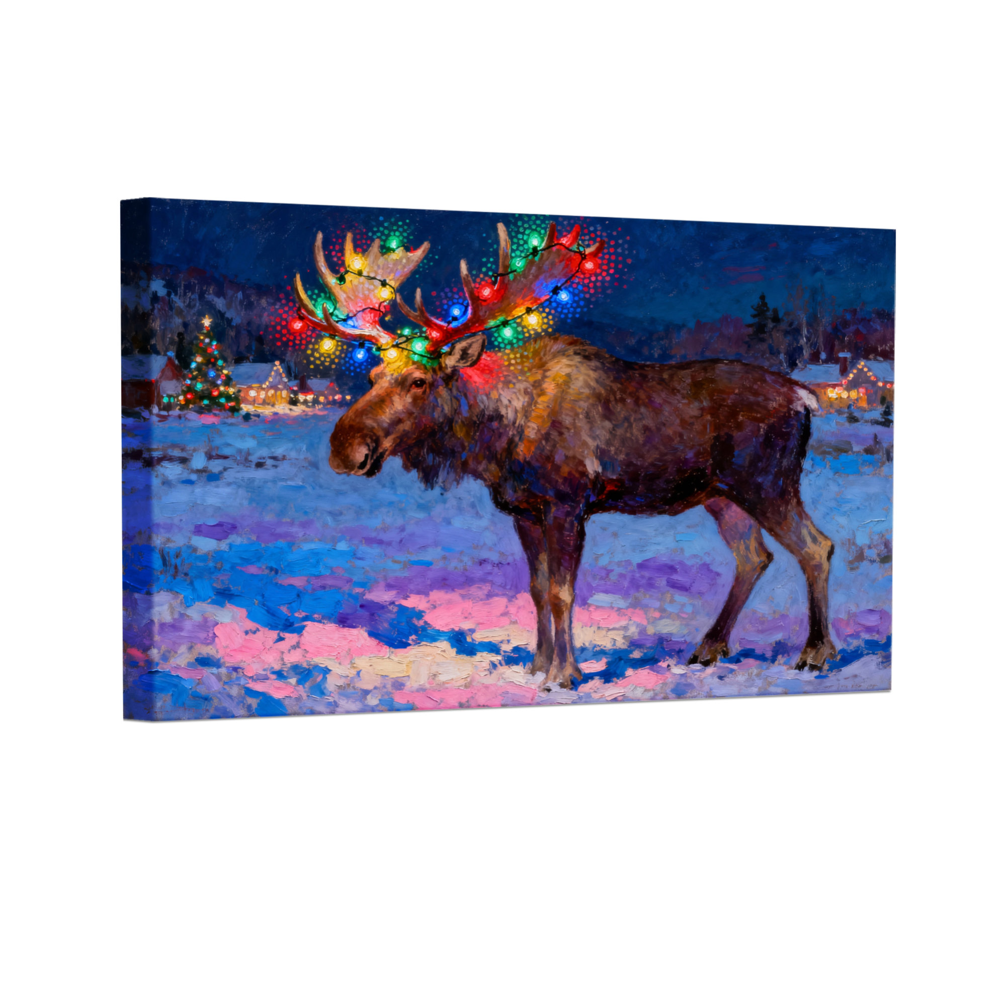 Union Rustic Christmas Moose With Lights On Antlers In Snowy Night ...