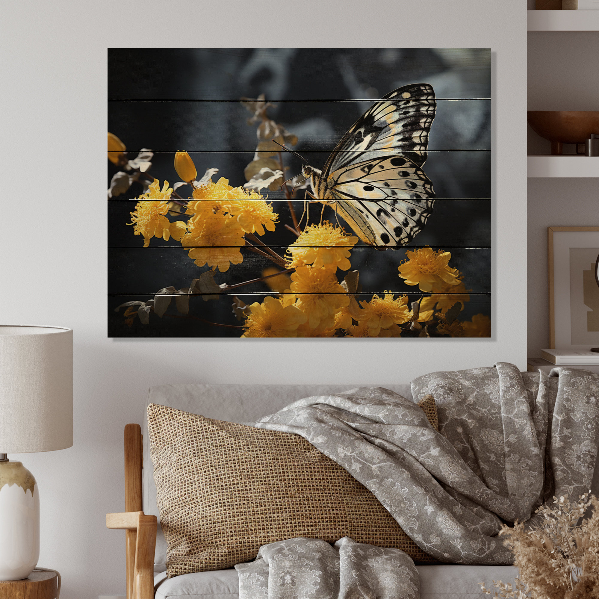 Gracie Oaks Lancy Yellow Gray Butterfly Haven I On Wood Print | Wayfair