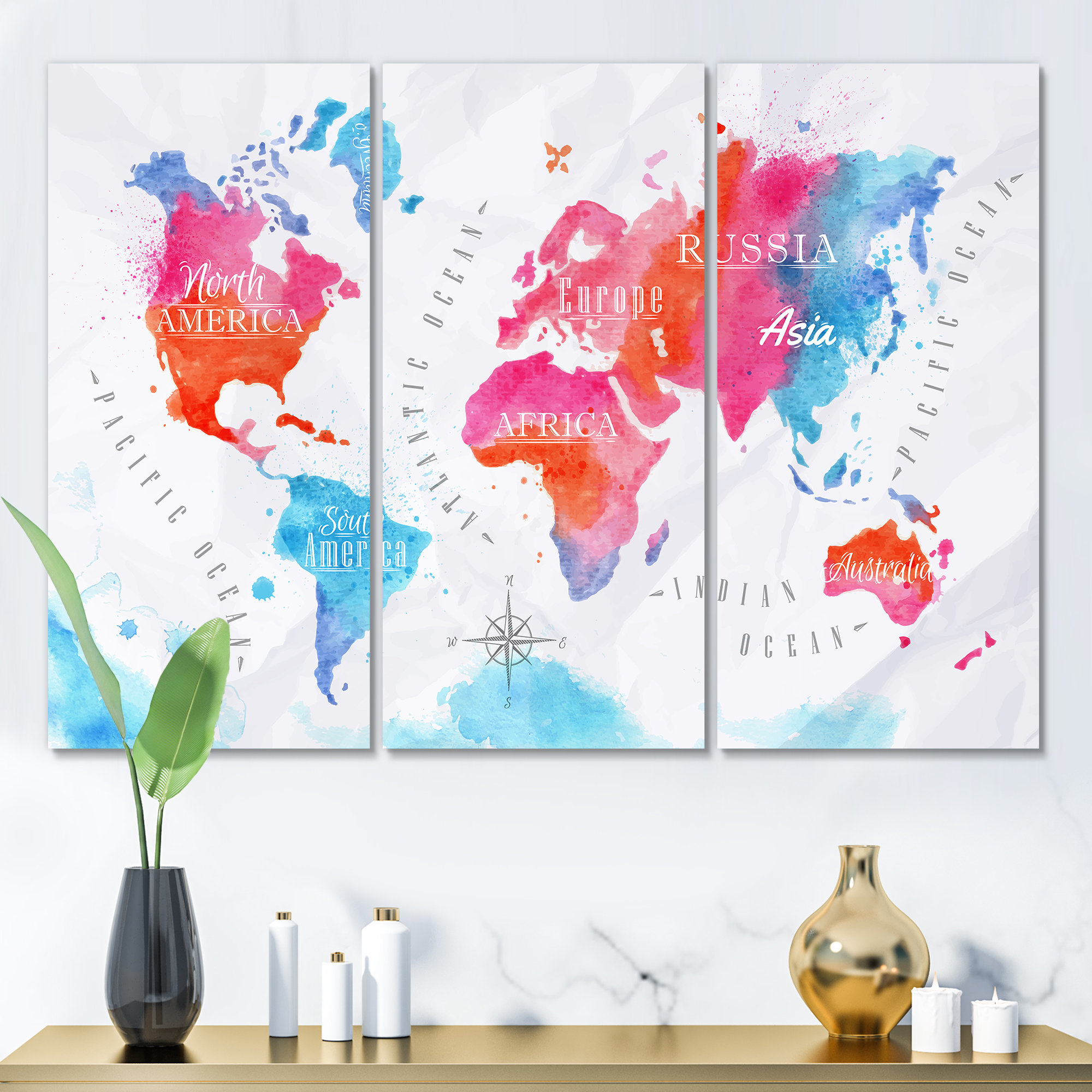 East Urban Home World Map In Pink And Blue - 3 Piece Wrapped Canvas ...