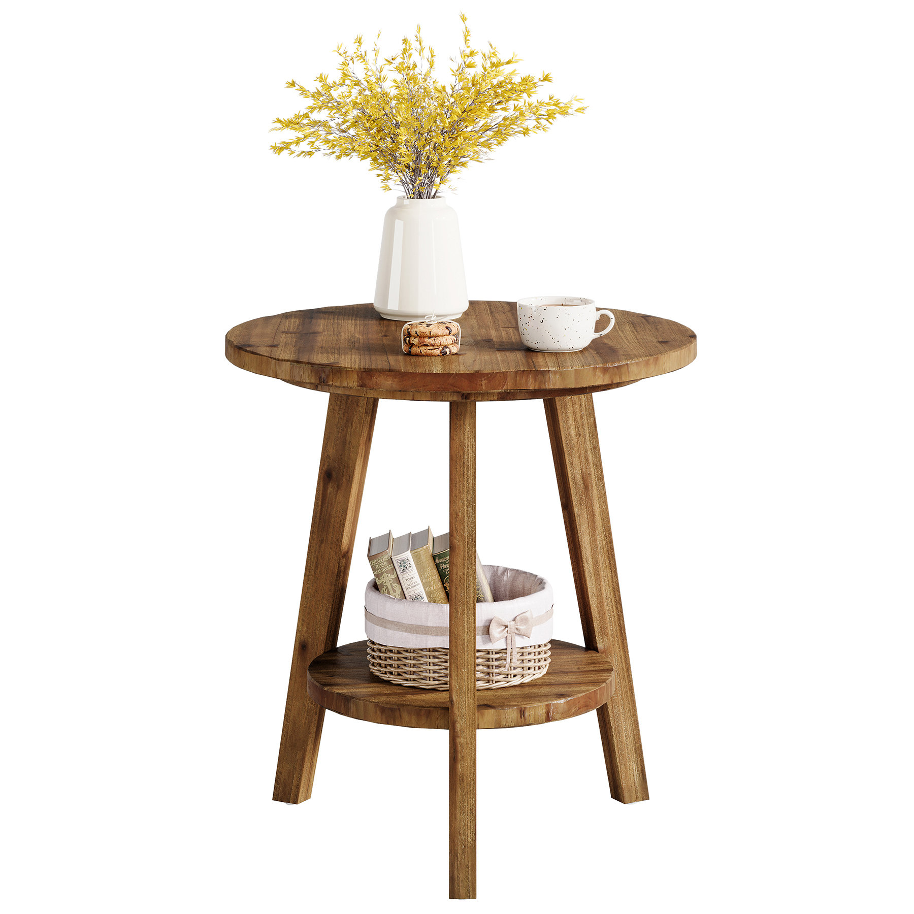 XDYZ Solid Wood Round Side Table, 2-Tier End Table With Storage Shelf | Wayfair
