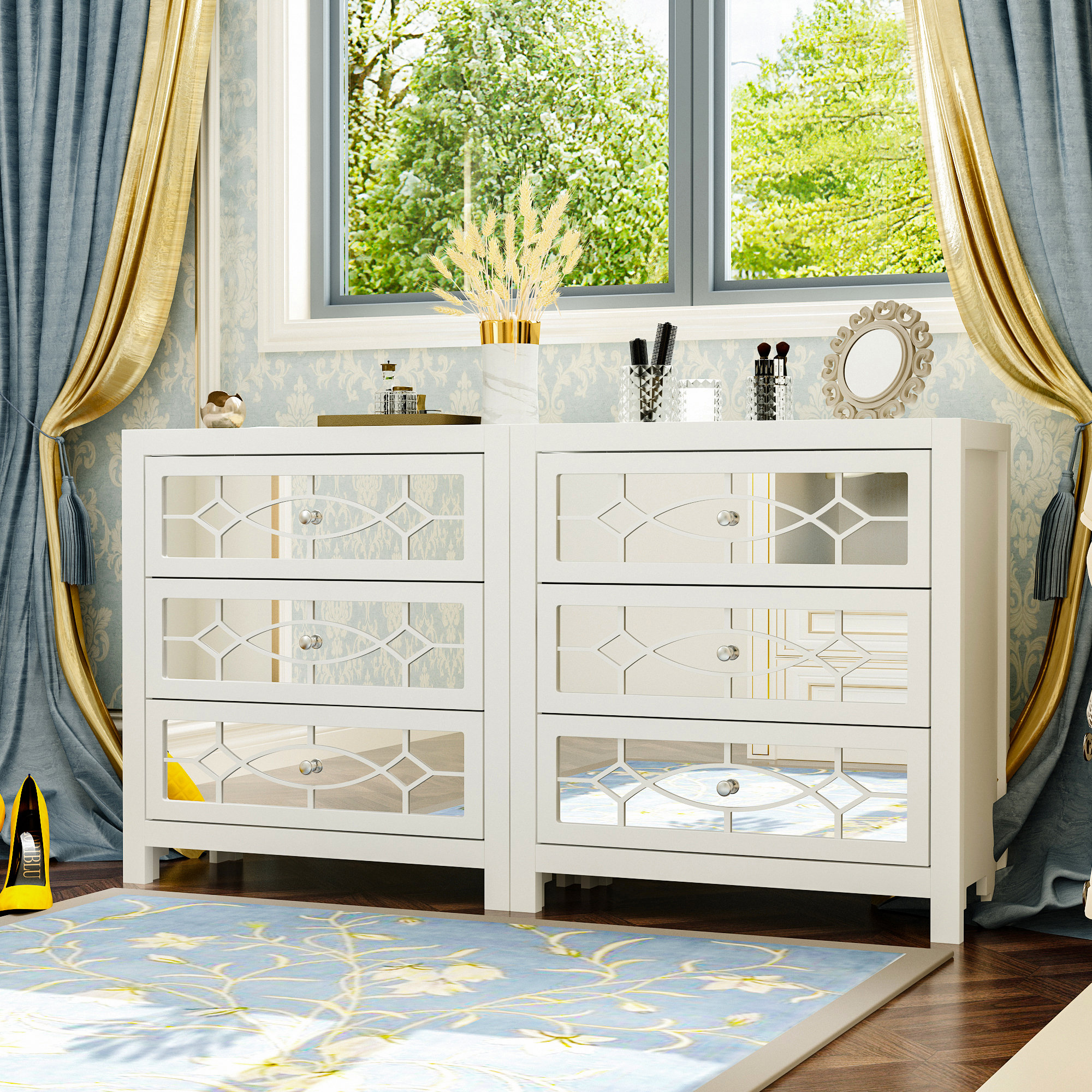 Mercer41 2-Piece White Dresser With Mirrored Drawers & Reviews | Wayfair