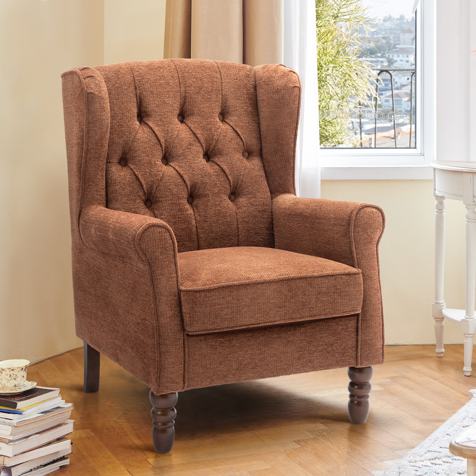 Mercer41 Button-Tufted Small Wingback Accent Chair with Rolled Arm and ...