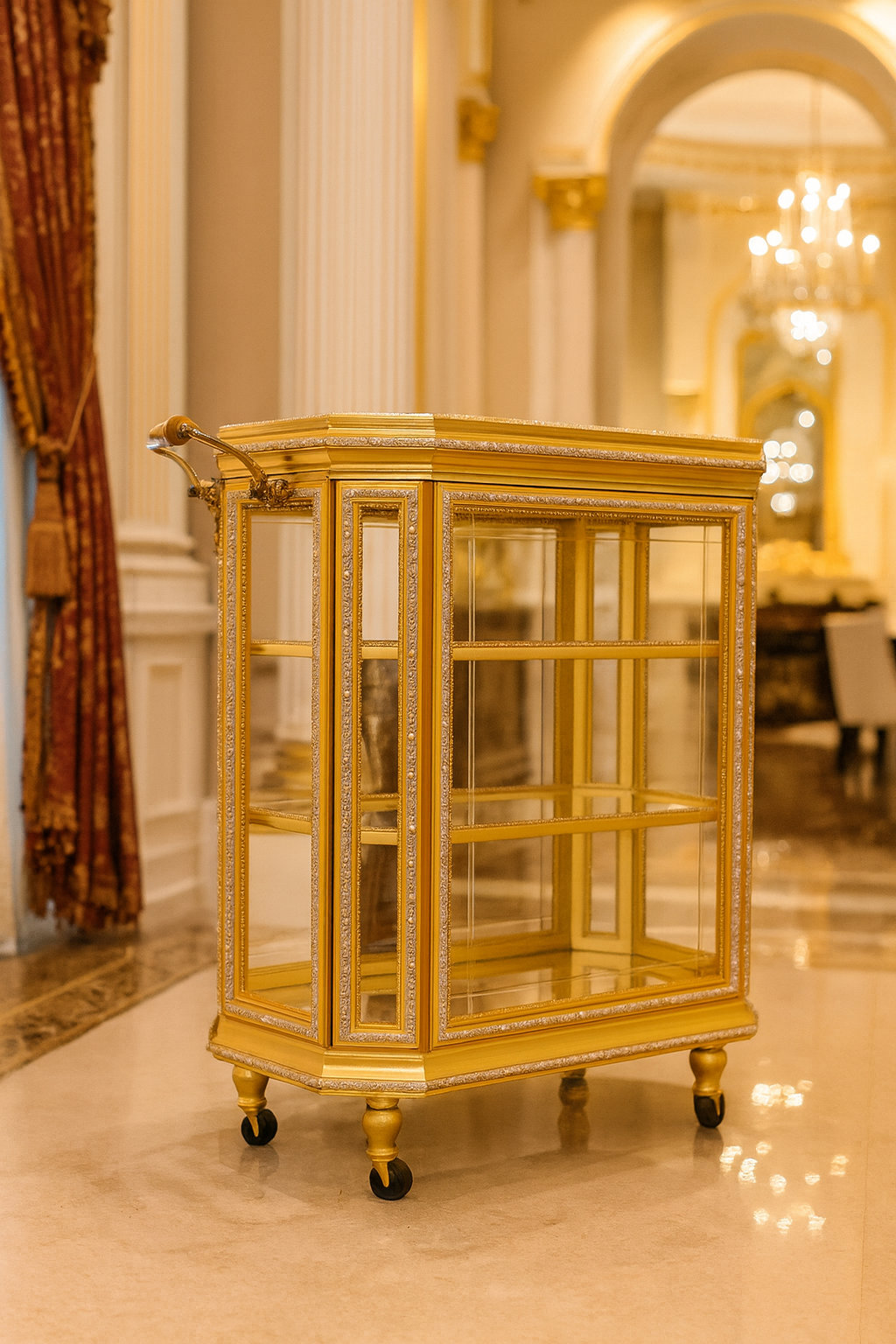 Rosdorf Park Italian Gold Leaf Bar Cart With Glass Display Shelves ...