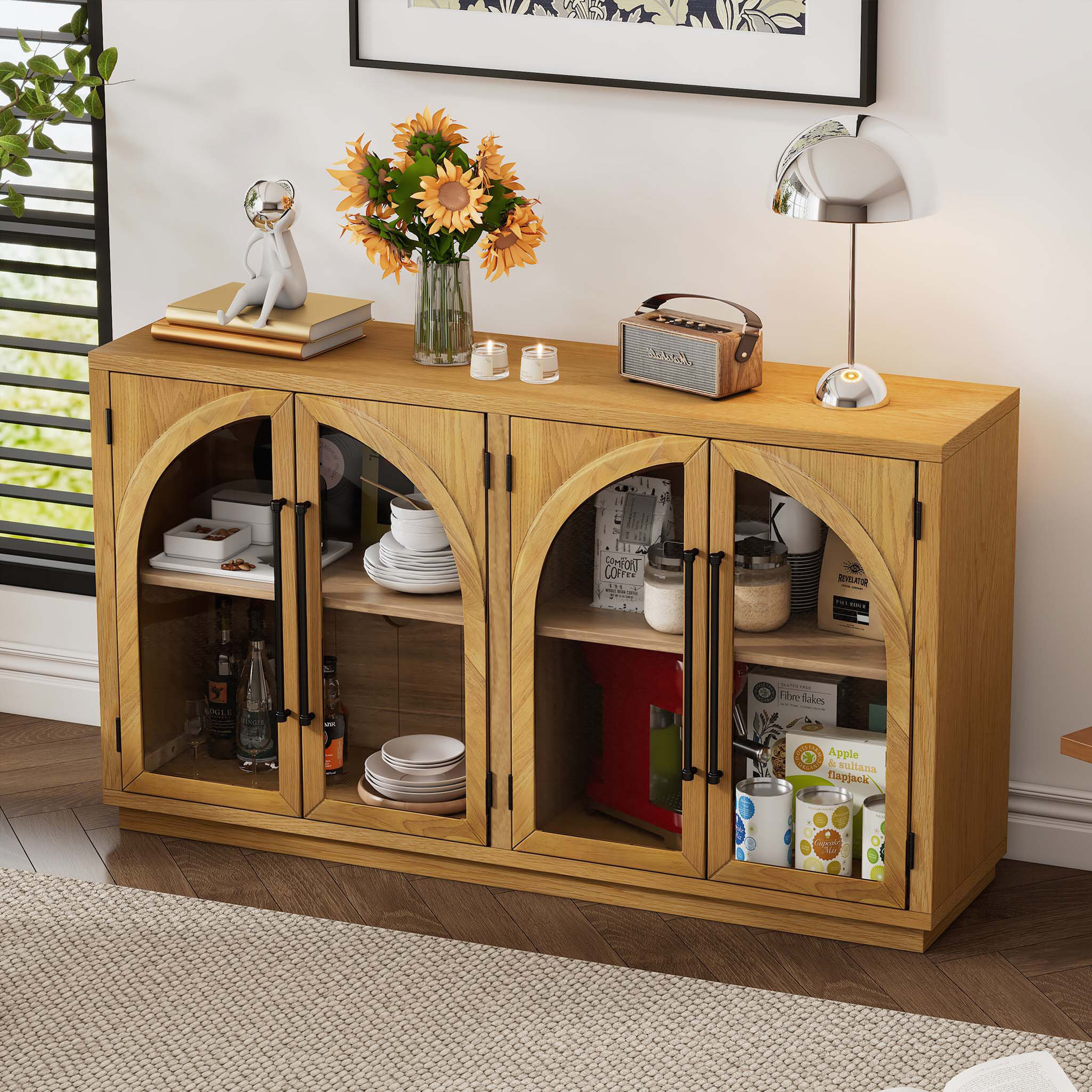 Latitude Run® 4-Door Large Storage Sideboard Buffet Cabinet with Glass Doors, Arched Cabinet ...