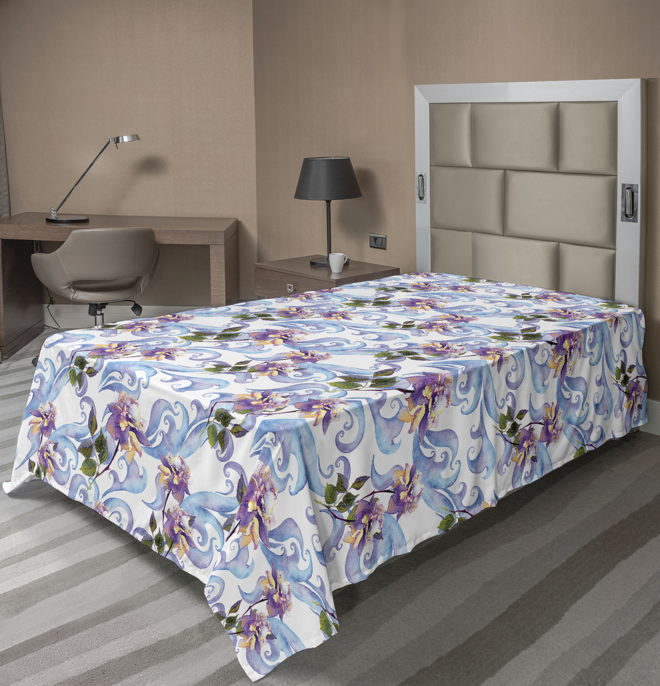Ambesonne Floral Flat Sheet Curves Waves Rose Flowers Pale Azure Blue ...
